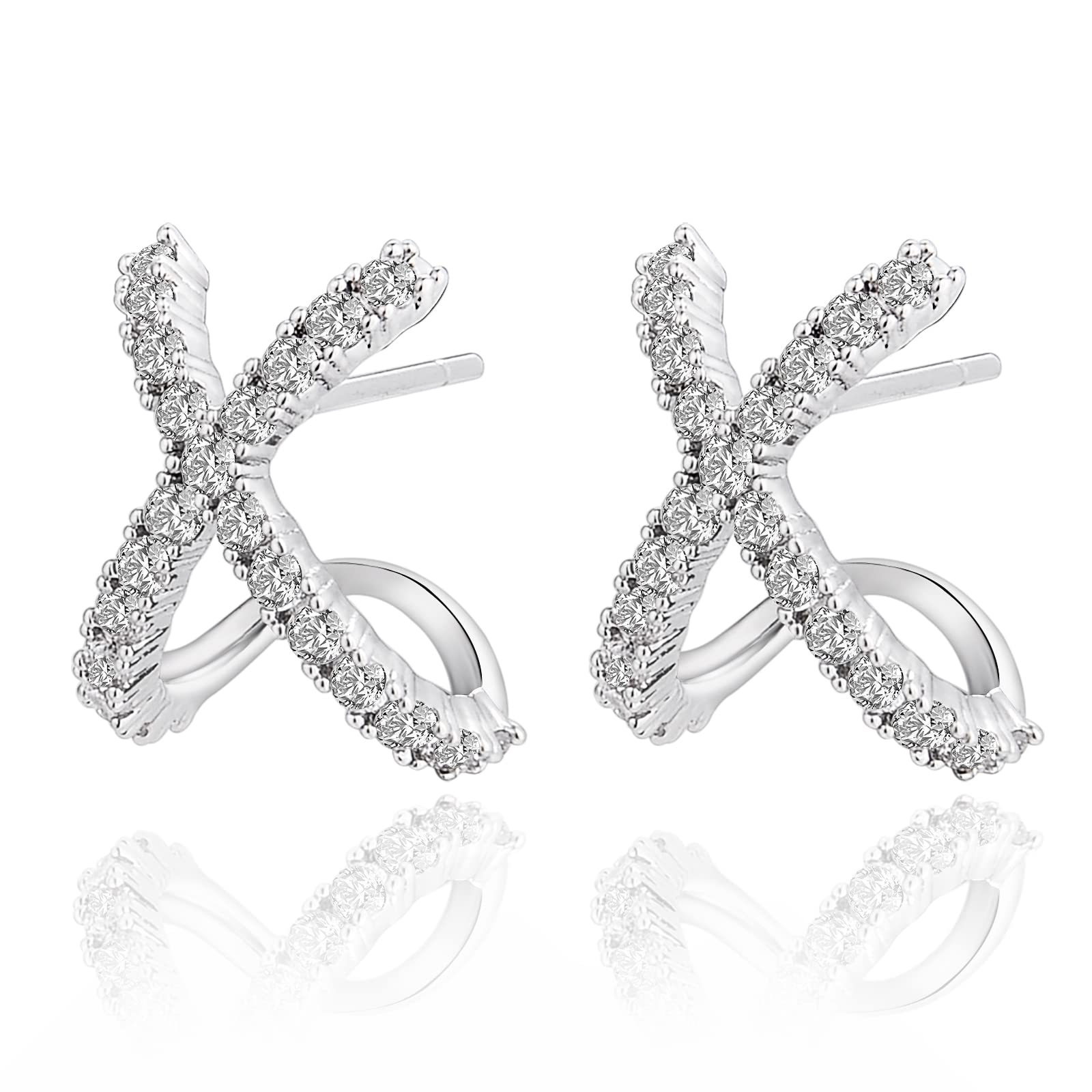 UTTMO Sparkly Cubic Zirconia Cross X-Shaped Minimalist Stud Earrings,Geometric Statement White Gold Plated Jewelry Ear Stud For Women Lady Bride Wedding Party Gift