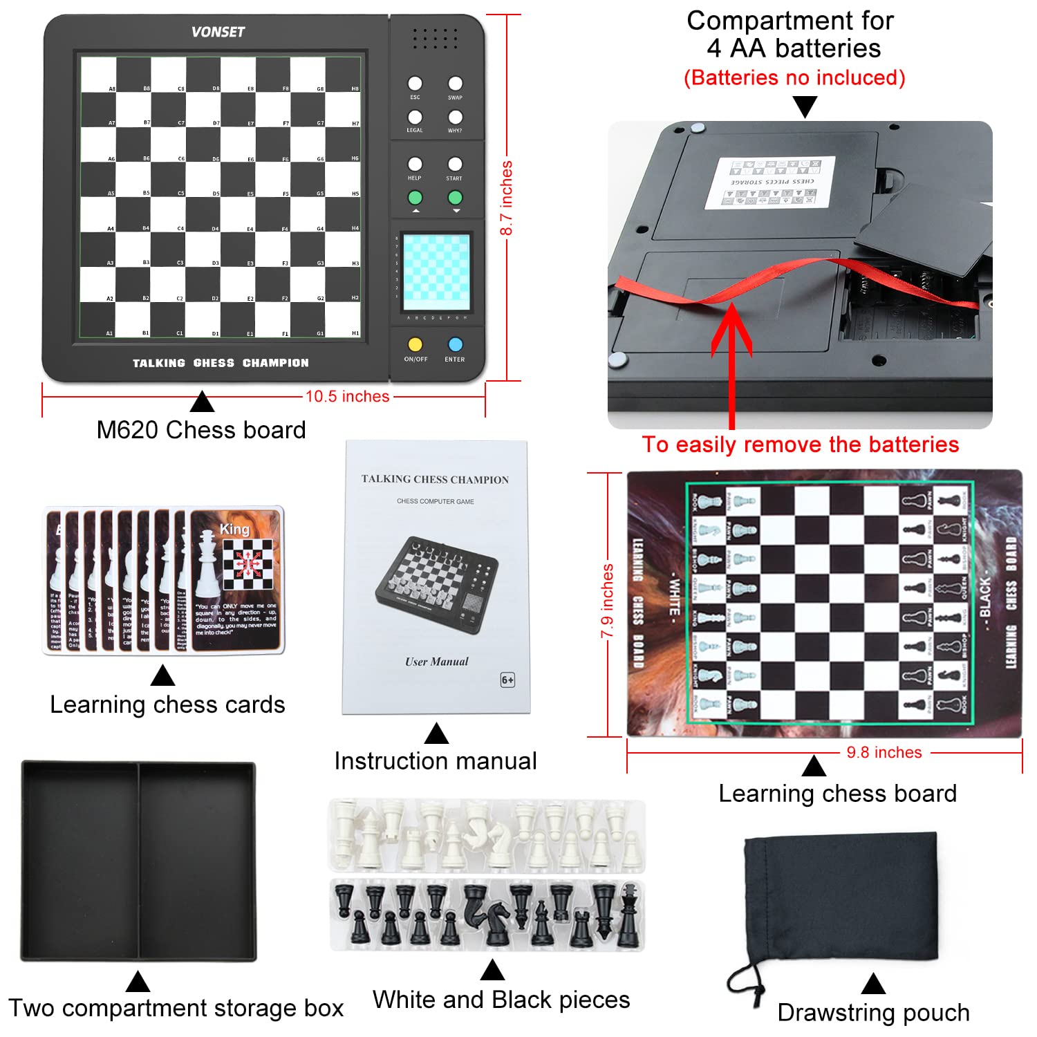 Vonset Electronic Chess Board M620 Magnetic Chess Set Chess Computer Intelligent Chessboard Electronic Chess Sets for Adults & Kids Travel Chess Game for Beginners Gift