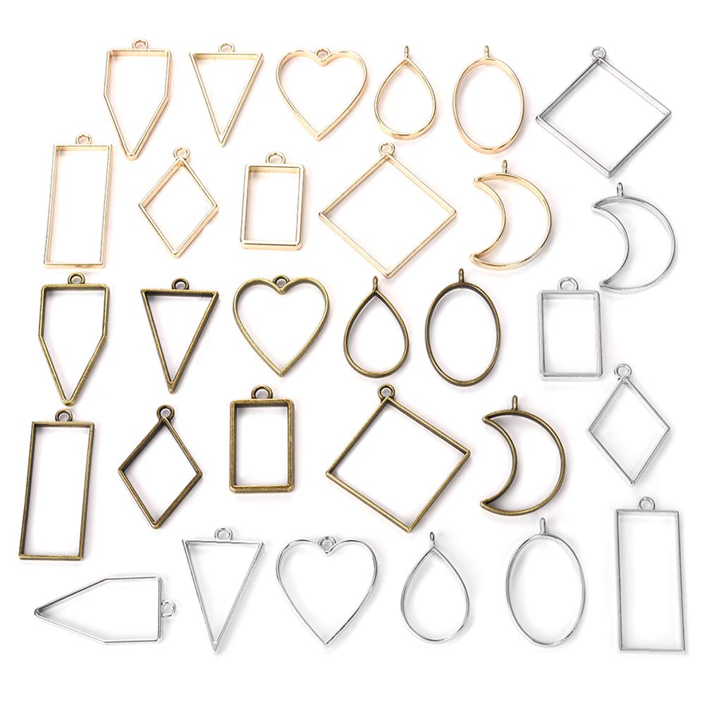 OBSEDE Open Bezel Pendants Charms Resin Molds for Jewelry Findings DIY Pressed Flower Frame Assorted Geometric Hollow Trays 30pcs