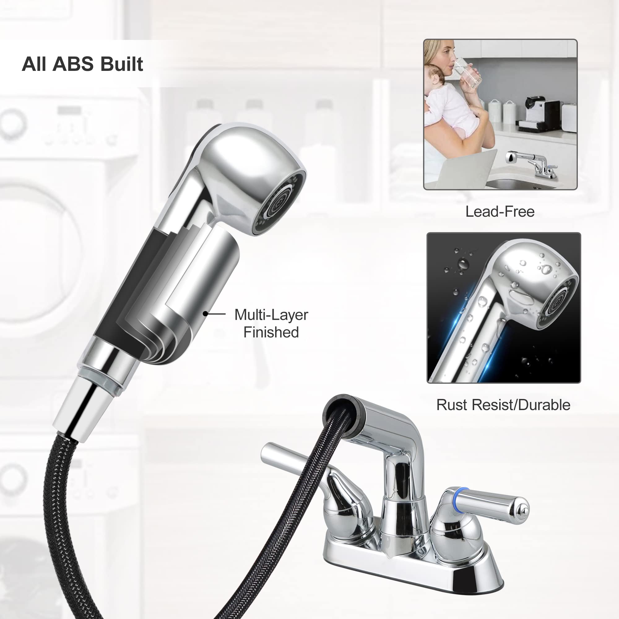 Utility Sink Faucet, Laundry Room Faucet with Pull Out Sprayer, Laundry Tub ABS Plastic Faucet, 4 Inch Centerset 3 Holes Installation Non-Metallic, Brushed Nickel
