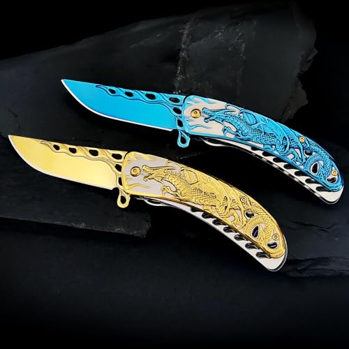 Vividstill Pocket Knife for Men, Cool Folding Knife With 3D Golden Dragon Embossed Relief, Great Gift Edc Knife For Men Outdoor Survival Campingā¦