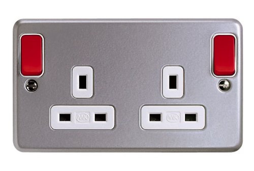 MK Metalclad Plus K2945D6 ALM 13 amp 2-Gang Double-Pole Switch Socket with Outboard Red Rockers