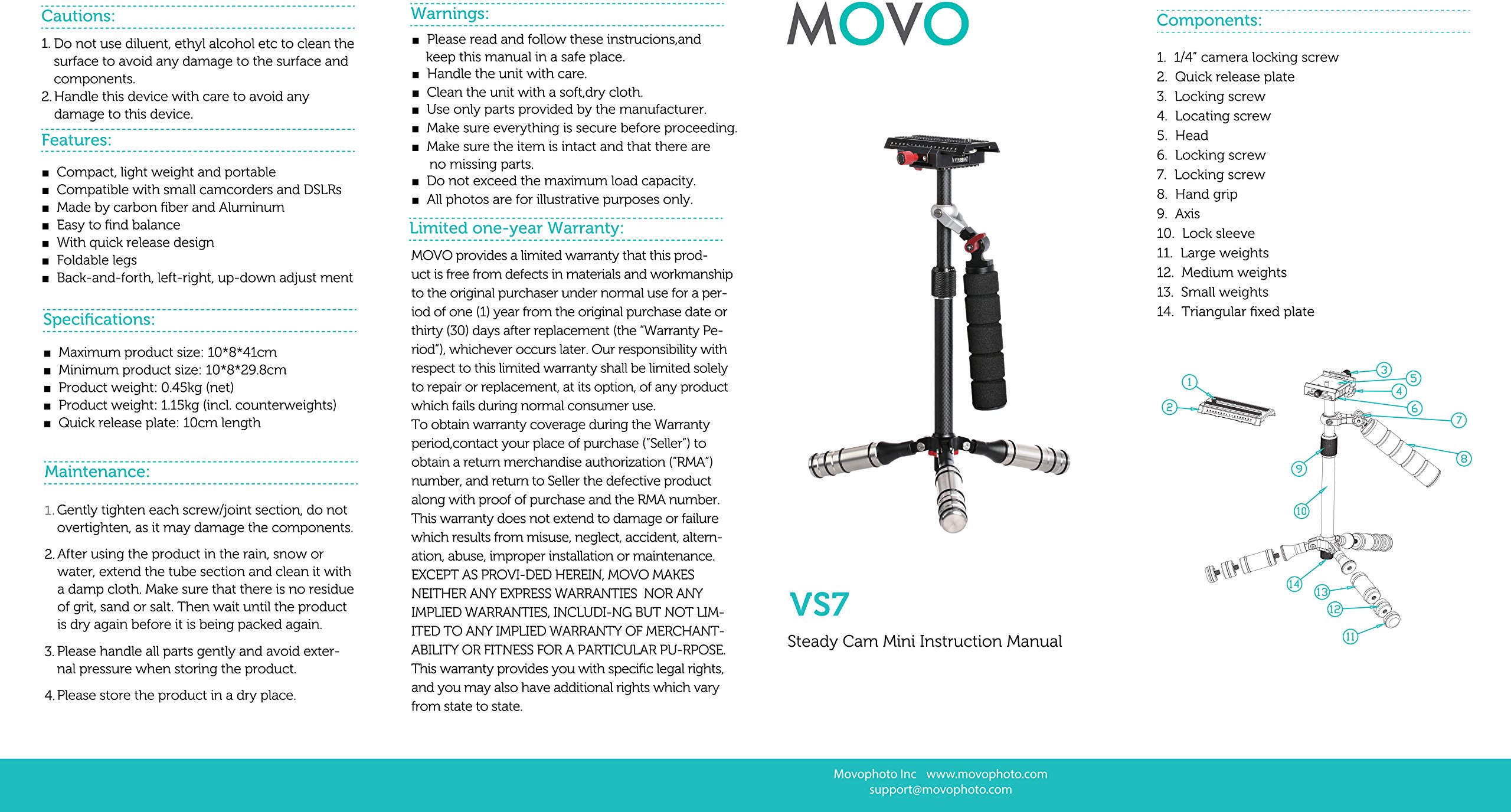 Movo VS7 Handheld Carbon Fiber Adjustable Video Stabilizer System with Quick-Release Plate for DSLR Cameras and Camcorders up to 6.6 LB (3kg)