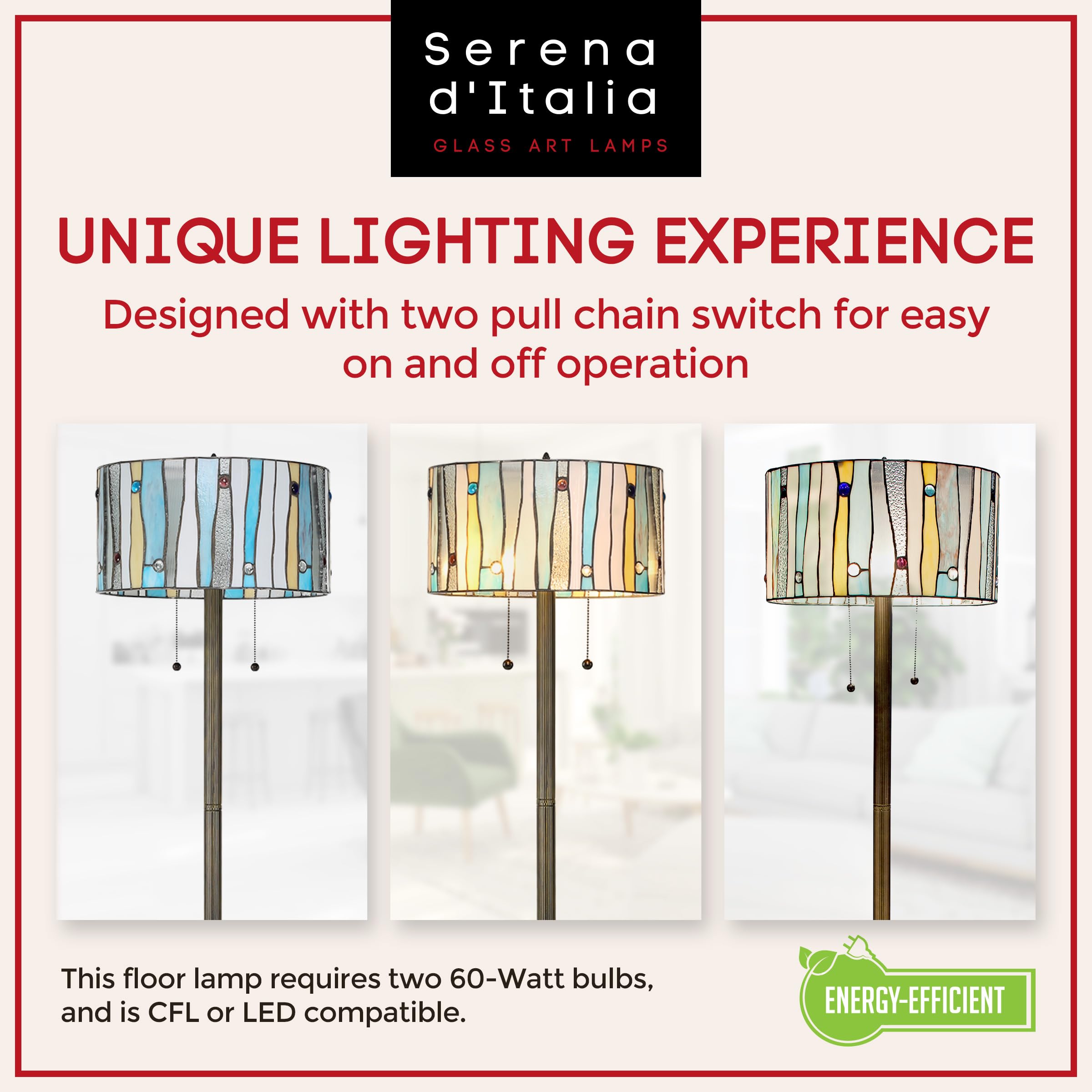 Serena D'italia Tiffany Style Lamps, Blue Contemporary Floor Lamp, Mosaic Stained Glass Lamp and Bronze Finish Base, Double Pull Chain (Blue, White, Yellow)