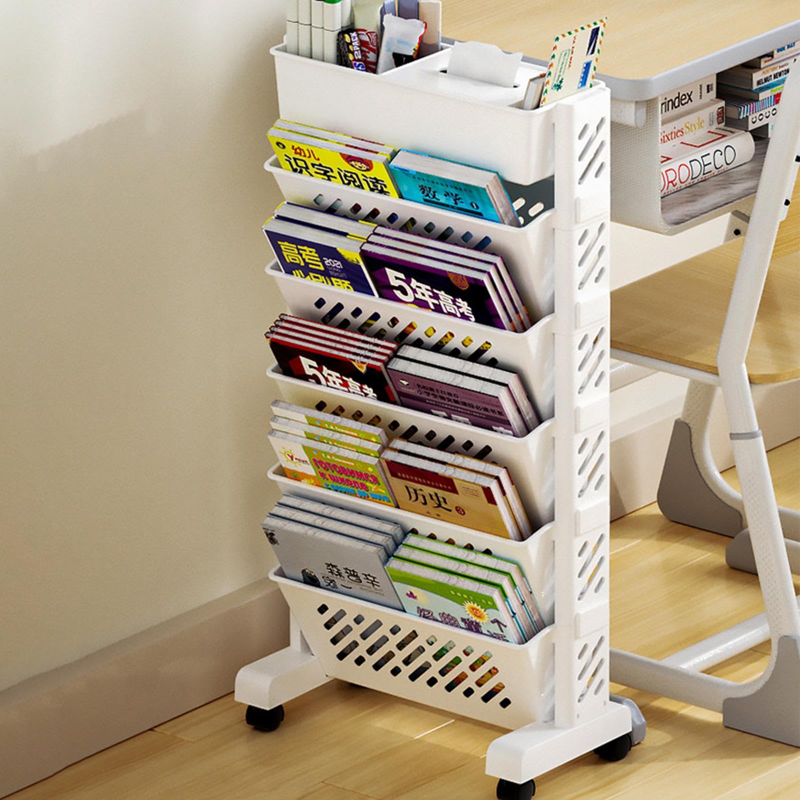 Mobile Bookshelf Organizer, 6 Tier Movable Bookshelf, Rolling Book Rack Storage Bookshelf, Movable Books Cart with Wheels, Mobile Bookshelves Rack for Home Bedroom Living Room Library