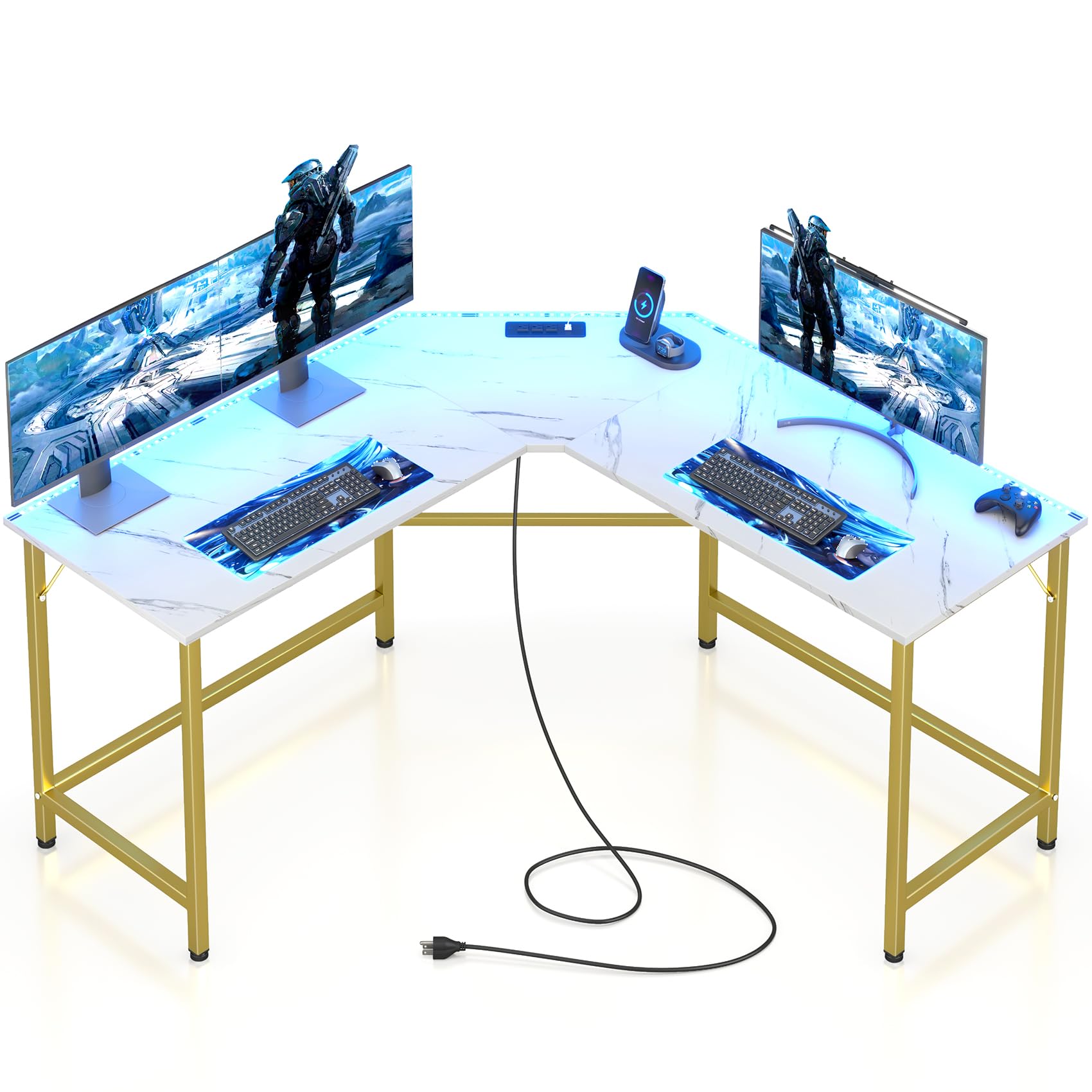 Mr IRONSTONE L Shaped Gaming Desk with LED Lights and Power Outlets 59 Inch Computer Desk with Large Desktop Space Saving Home Office Writing Desk White Marble