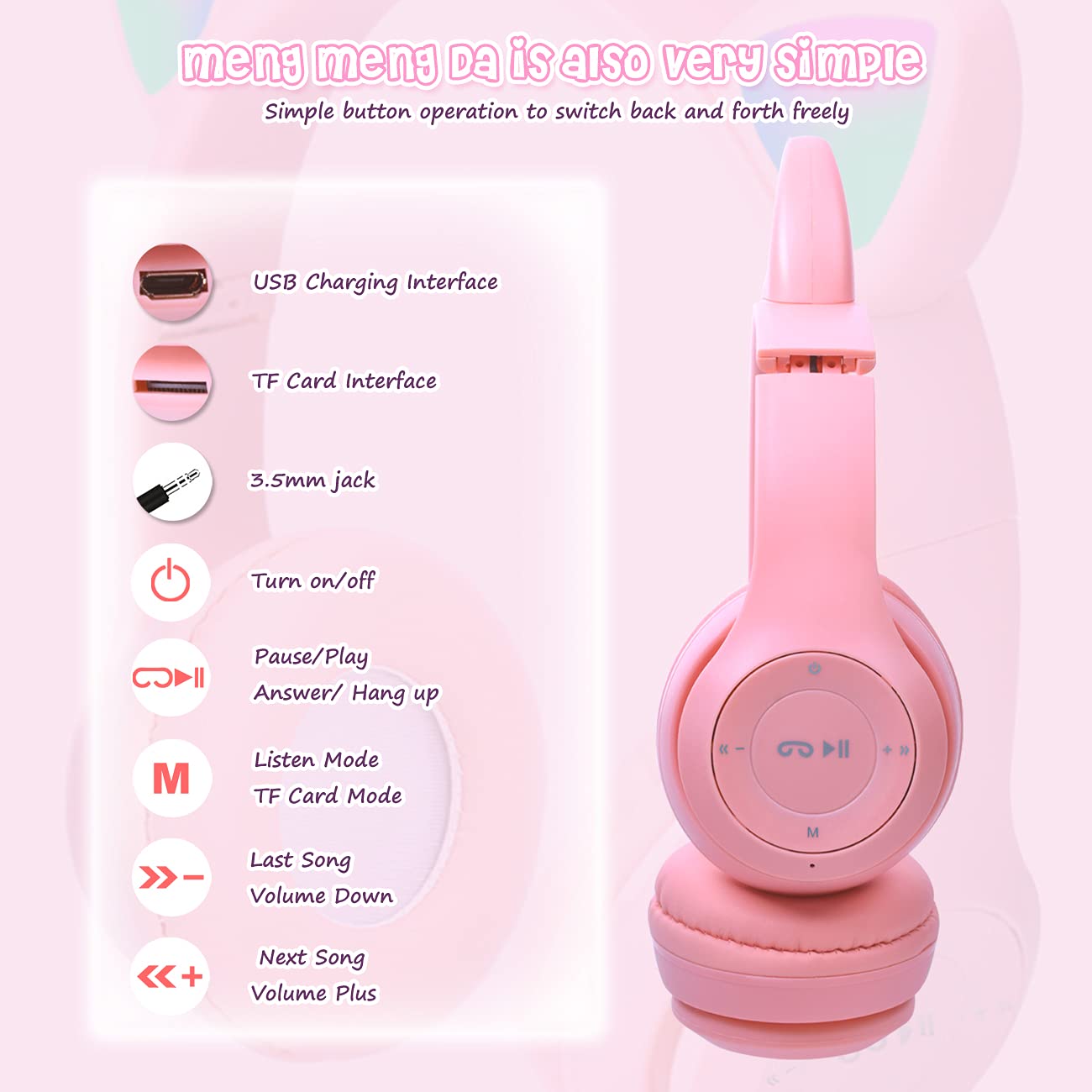 Pink Headphones for Kids, Megedream Cat Ear Led Light Up Kids Headphones Wiressless, 3.5mm Jack Wired, TF Card 3 in 1 Headset for Kids/School/iPad/Kids Tablet/Travel - Foldable Over