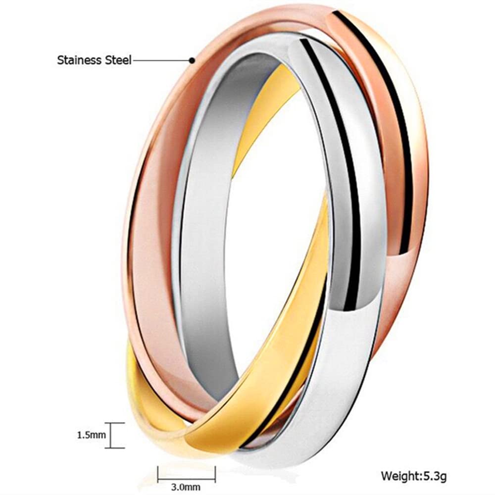 Naivo Tri-Color Gold Plated Interlocked Rolling Bands Ring Women's (ring size 9#)
