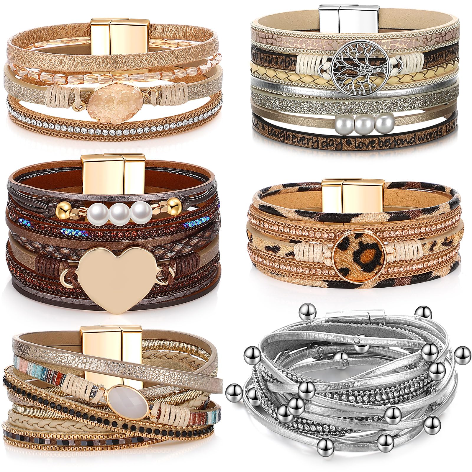 Yinkin 6 Pcs Boho PU Leather Bracelets for Women Wrap Bracelets Multi Layer Bohemian Cuff Bracelets Stack Bracelets Jewelry(Stylish)
