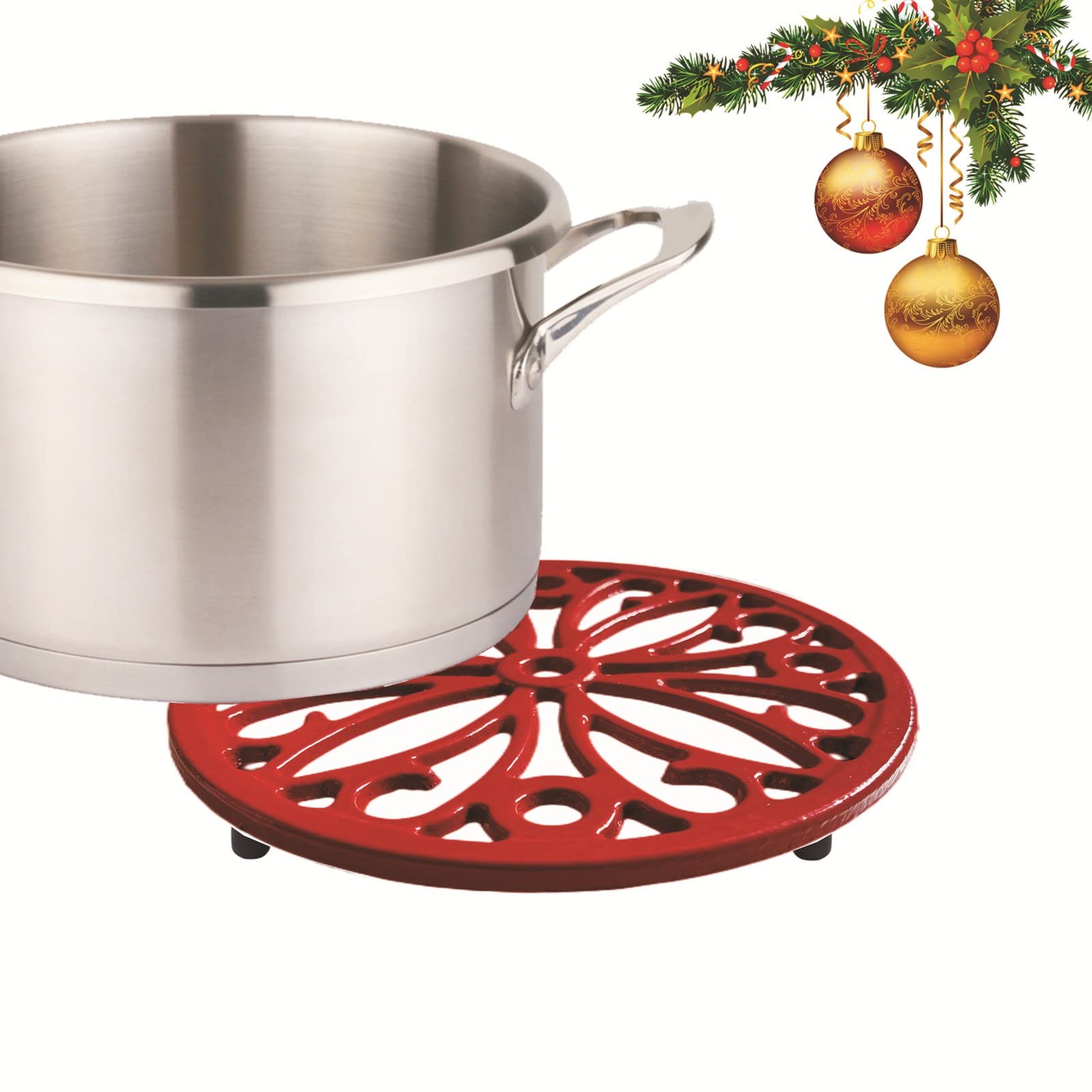 Trivet 7.8 Inch, Cast Iron Trivet with Rubber Pegs/Feet Non-Slip, Rustic Trivets for Hot Pots and Pans, Decorative Kitchen Trivet Mats Hot Pads Pot Coasters(2 Pack) (Red) (RED Moon)