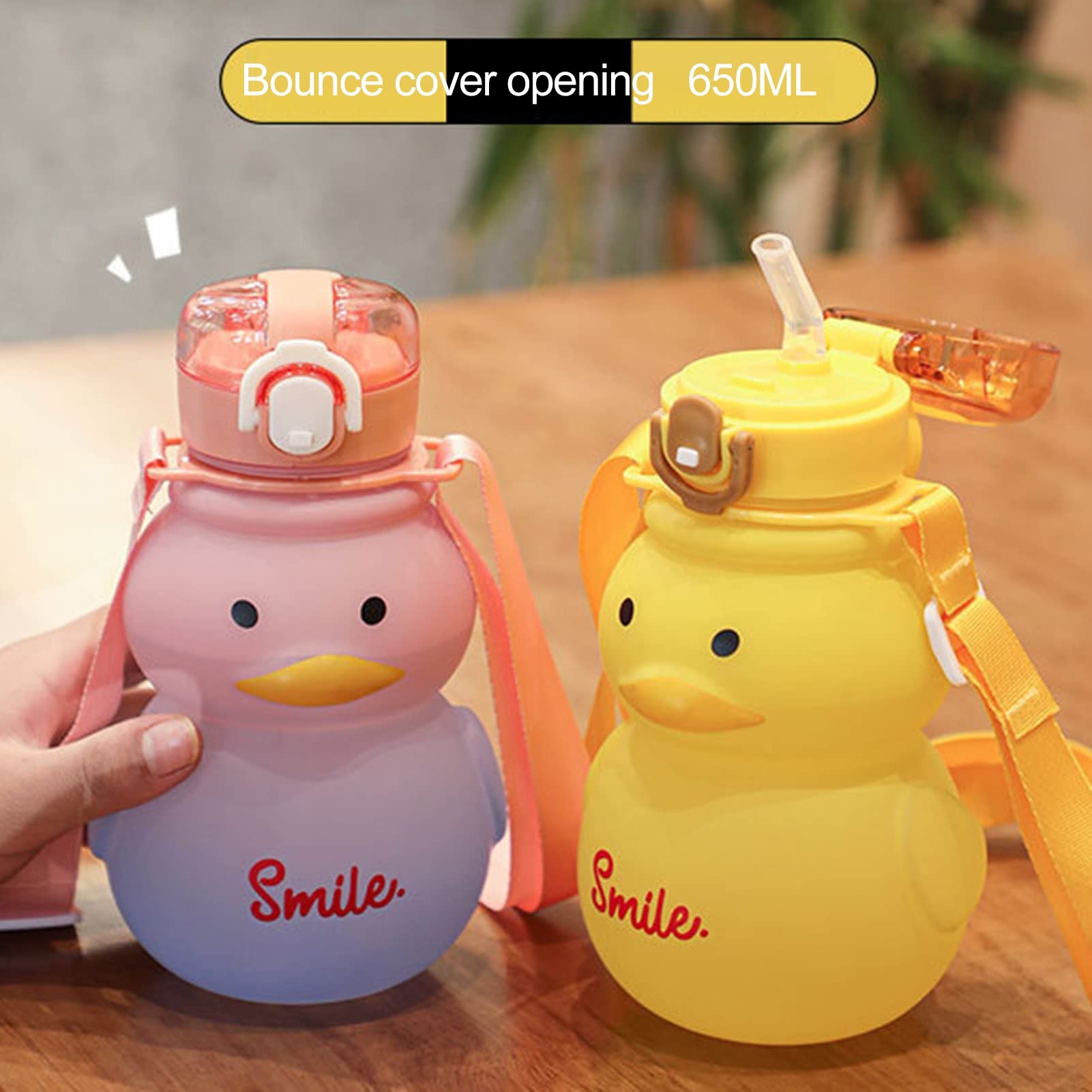 ZTGD Cute Water Bottle 650ml for Student,Lady,Kid,Kawaii Leakproof Duck Water Cup with Straw Lock Design Suspender One Key Open and Transparent Lid Pink