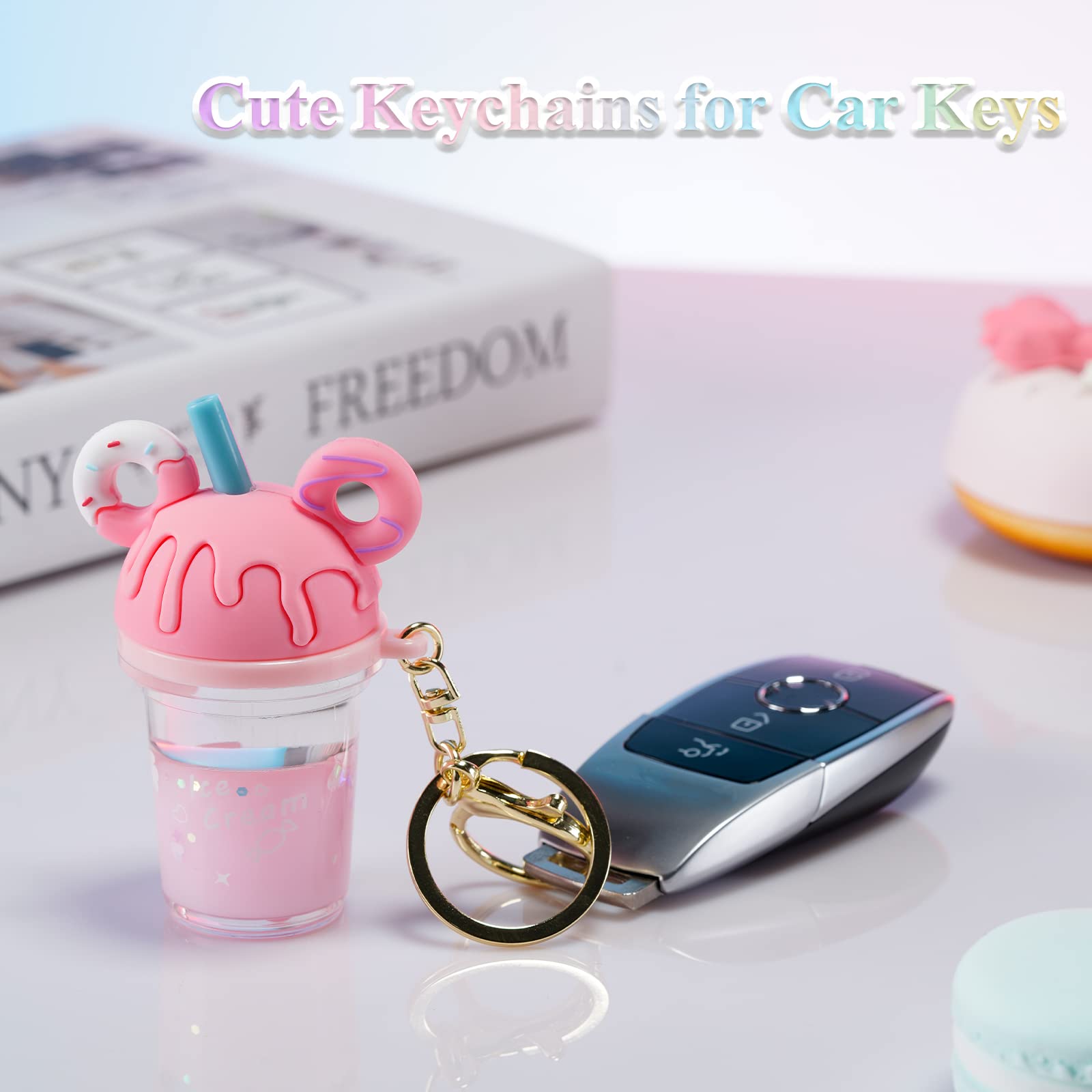 YOU WIZV Liquid Keychain, Kawaii Cute Donut Charms for Backpacks, Aesthetic Bubble Tea Boba Water Keychain for Girls, Kids,Women, Daughters, Boys(Pink Keychain)
