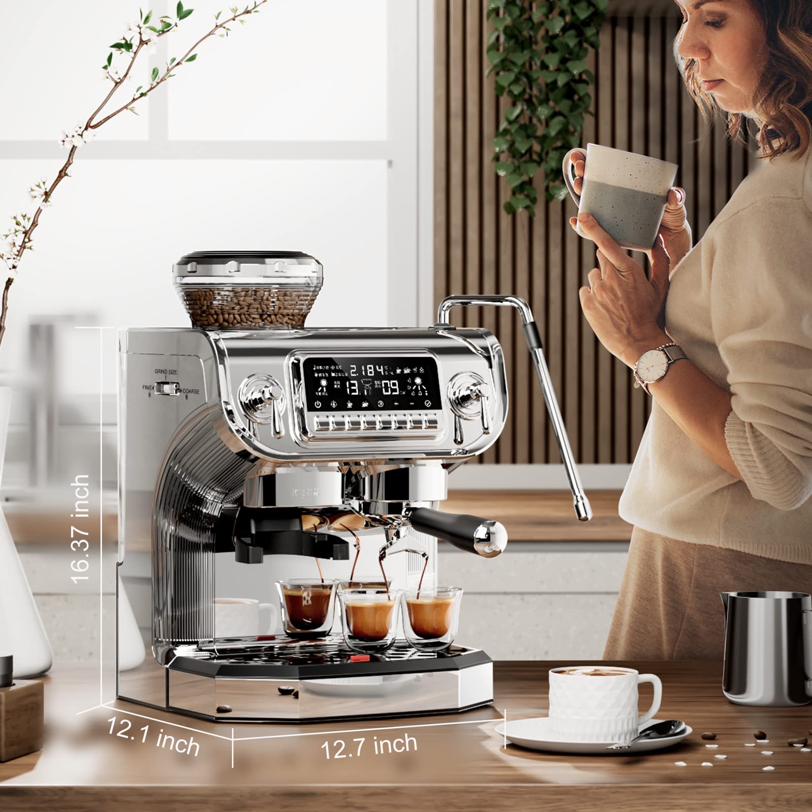 Mcilpoog TC530 Espresso Machine with Milk Frother,Semi Automatic Coffee Machine with Grinder,Easy To Use Espresso Coffee Maker with 5.5 inch Large Screen,15 Bar Pressure Pump,PID Temperature Control.