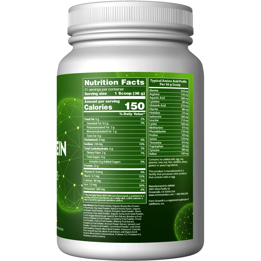 MRM - Veggie Protein Powder, Protein Source for Vegans, Gluten-Free & Preservative-Free, Non-GMO Verified - Vanilla - 2.5 lbs