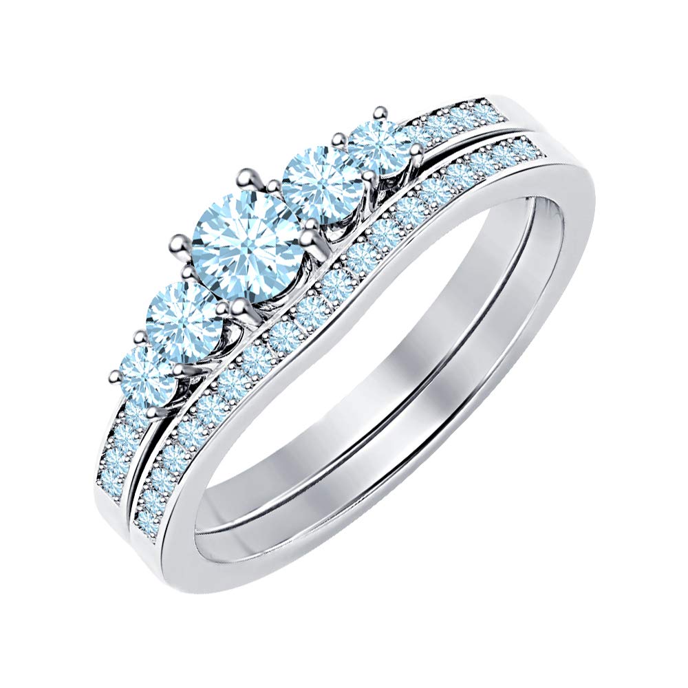 SVC-JEWELS Round Cut Aquamarine 14K White Gold Over Solitaire Three Stone Engagement Bridal Ring Set For Women's (5)