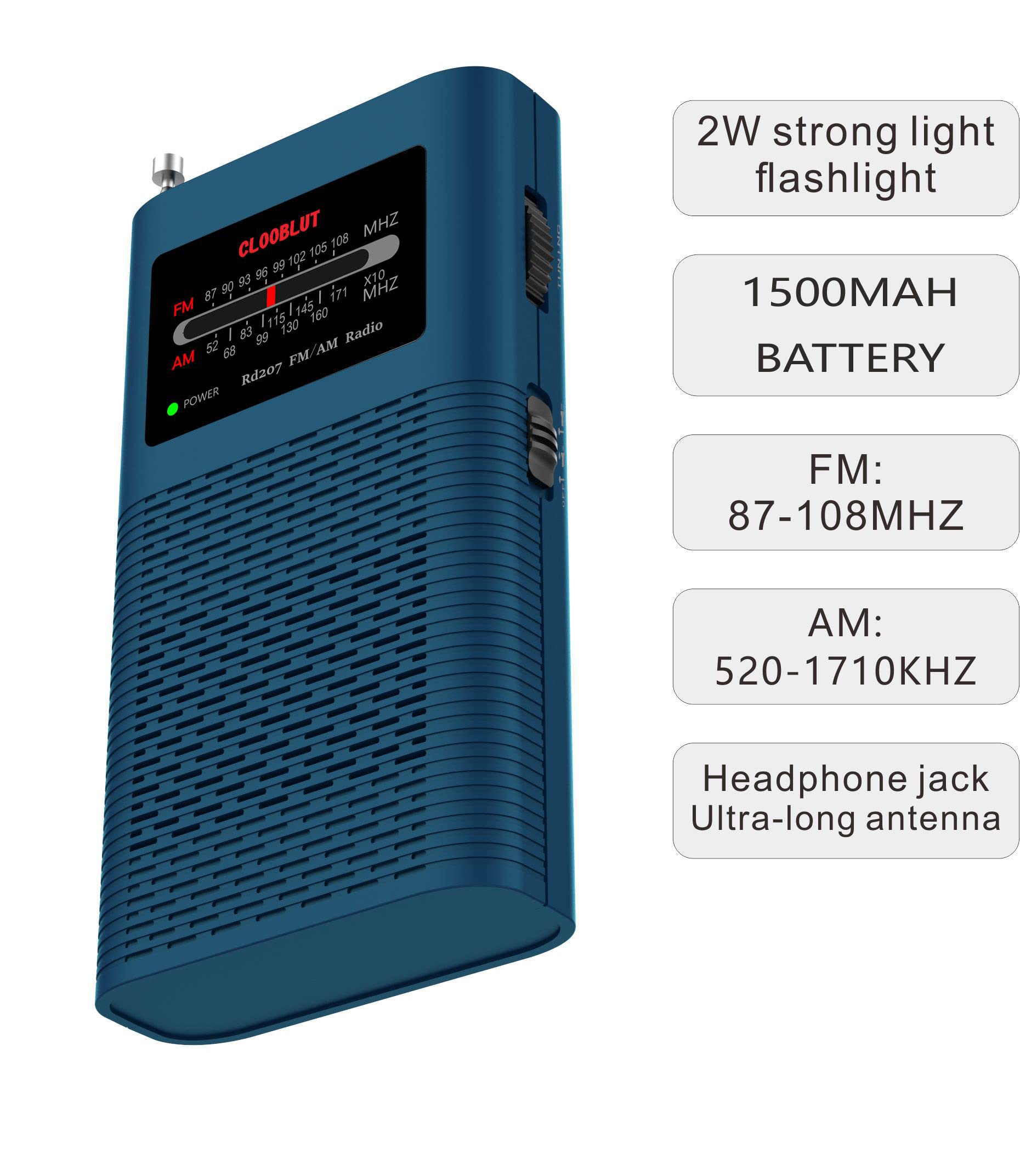 Portable Pocket AM FM Transistor Radio Powerful Flashlight Powered by 1500mah Battery (Included),Ultra-Long Antenna Best Reception Best Sound Quality (Blue)