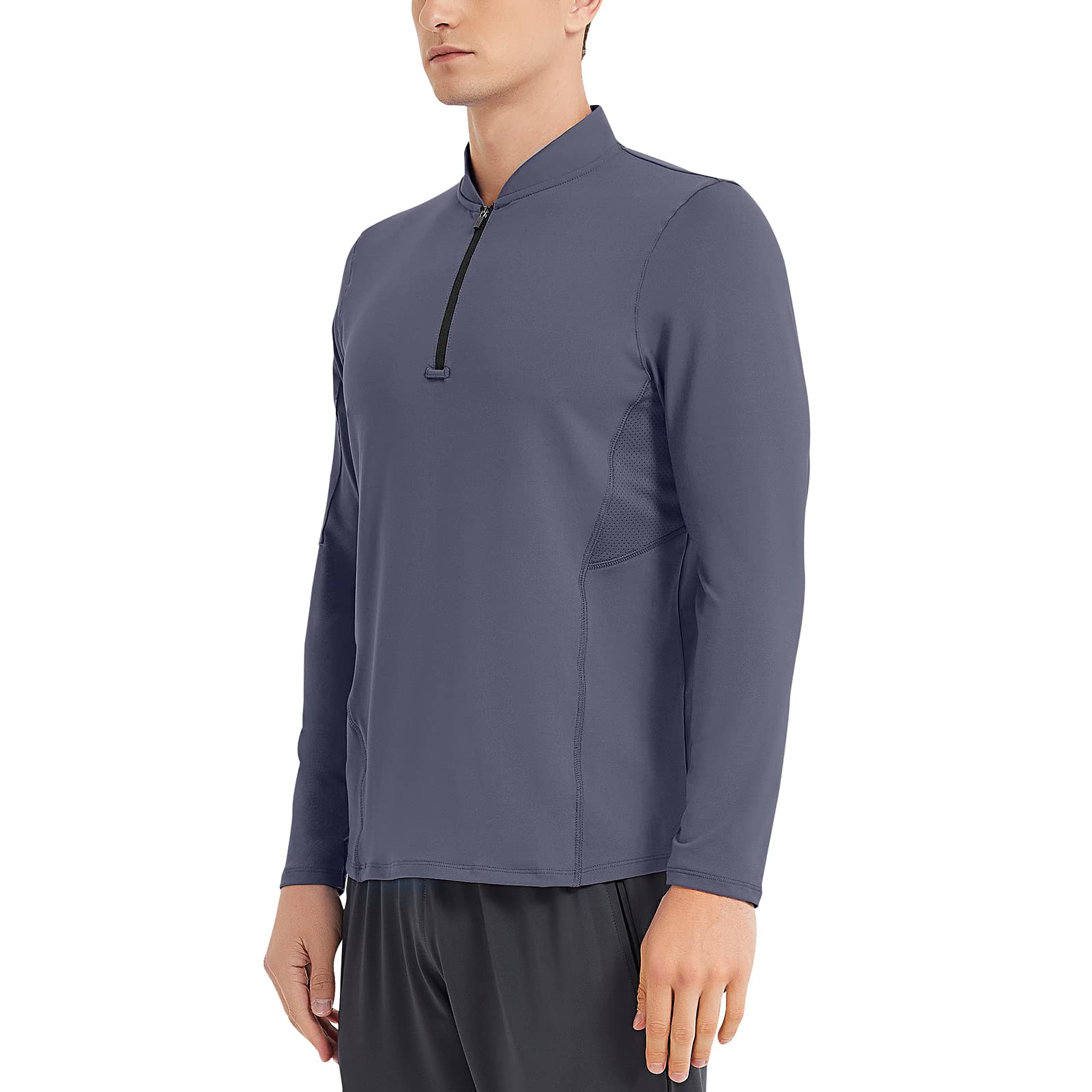 Truity Men’s Quarter Zip Long Sleeve Workout Running Shirts V Neck Golf Pullover Stretchy Fall Gym Shirt with Pockets Grey