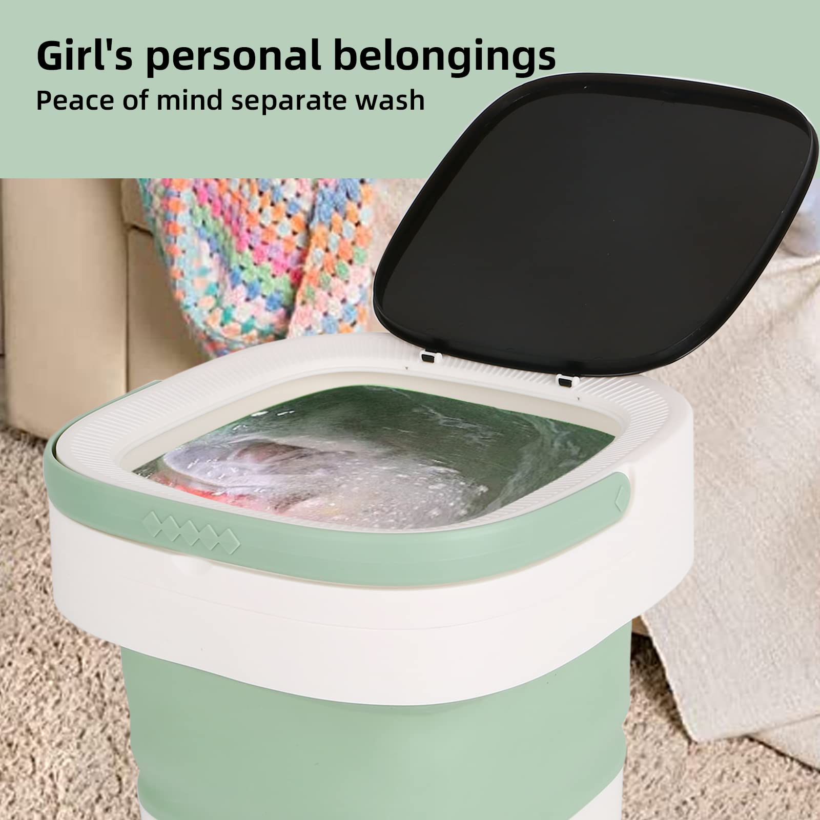 Portable Washing Machine, 7.5L 3-Speed Adjustment Mini Foldable Washer with Drain Basket USB Compact Outdoor Washing Machine for Underwear, Sock, Suitable for Travel, Camping,RVs(Fresh Green)