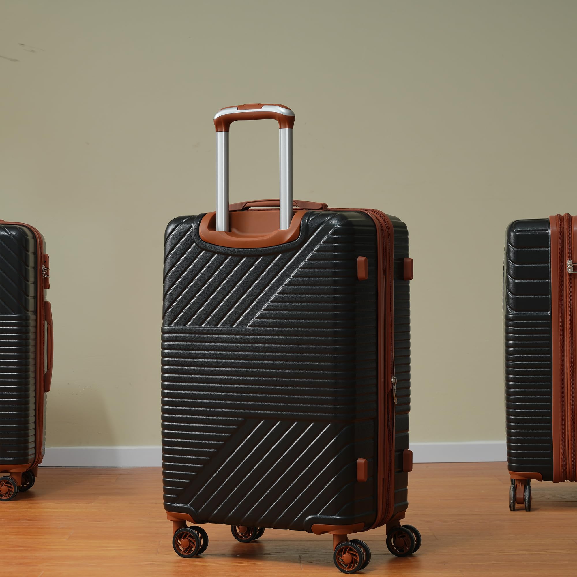 Merax Luggage Sets 3 Piece Suitcases Set ABS Expandable 8 Wheels Spinner Suitcase, TSA Lock Travel Luggage For Man And Women (Black Brown)