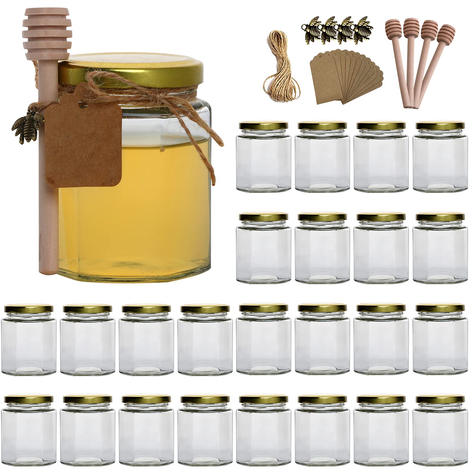 Woaiwo-q 6 oz Hexagon Glass Honey Jars, Glass Jars with Gold Lids,Bronzy Bee Pendants,Wooden Honey Sticks,Small Tags,1.5m Jute Twine -Clear Hexagon Jars for Honey,Jams, Liquid.(25 Pcs)âŠ