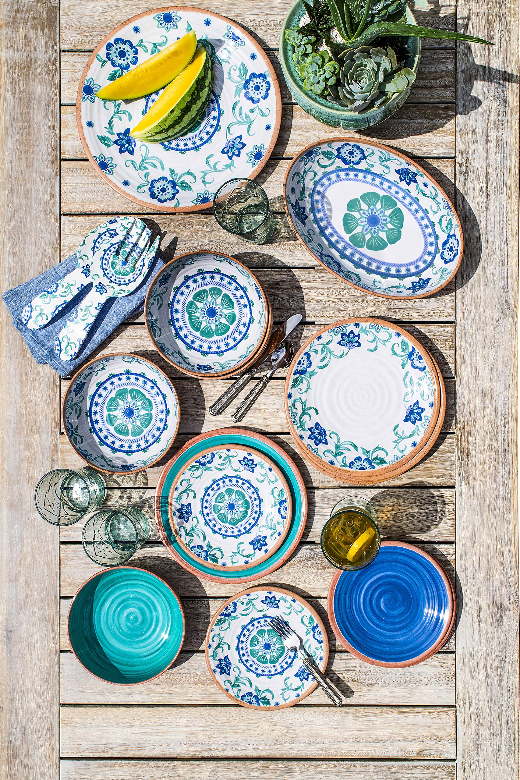 TarHong Rio Turquoise Floral Bowl, 8" x 2.2", 43.3 oz, Melamine, Set of 6