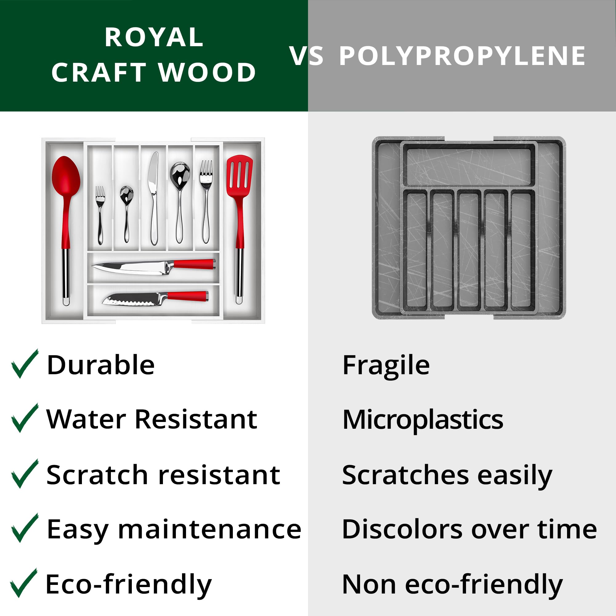 ROYAL CRAFT WOOD Luxury Bamboo Kitchen Drawer Organizer - Silverware Organizer - Utensil Holder and Cutlery Tray with Grooved Drawer Dividers for Flatware and Kitchen Utensils (White)
