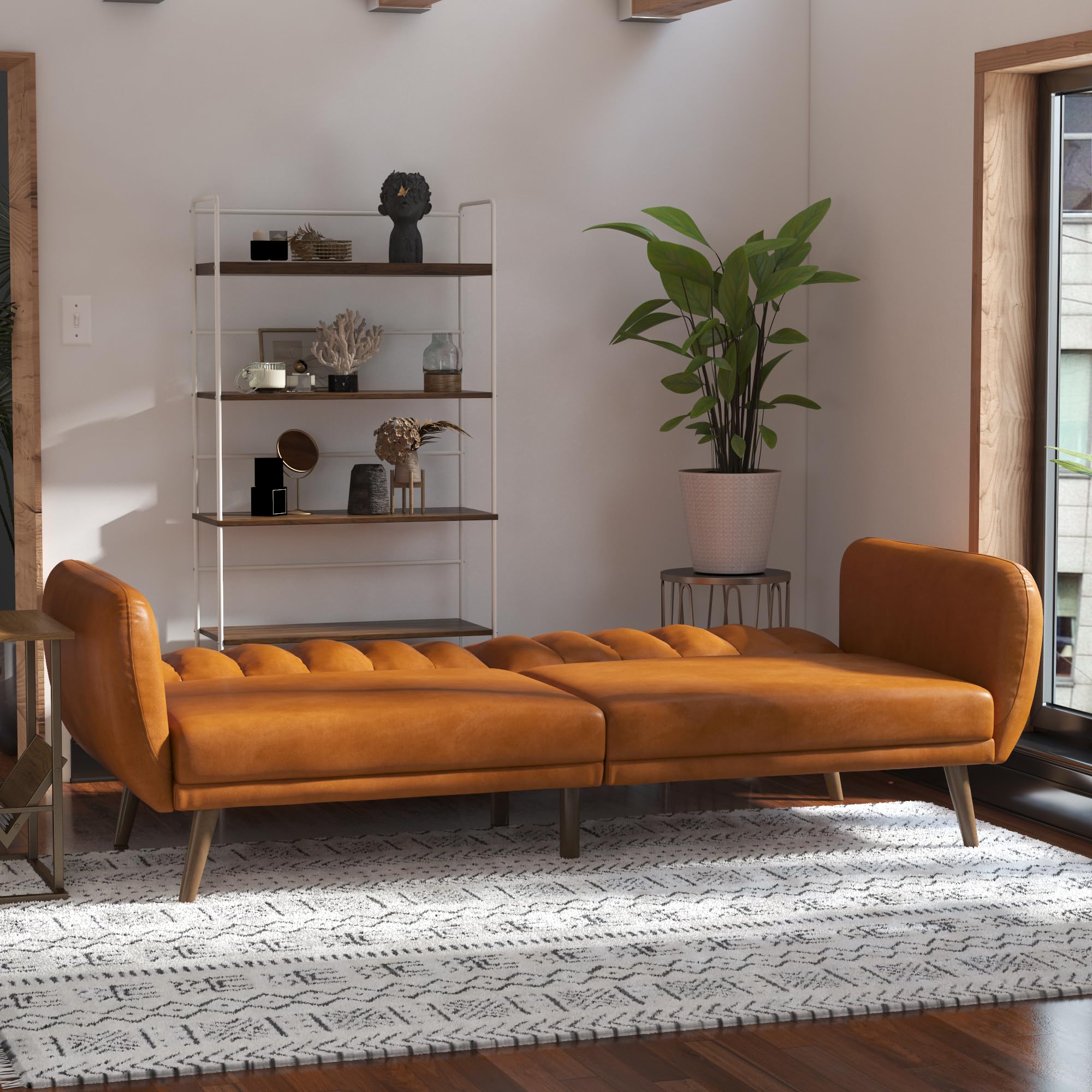 Novogratz Brittany Futon Sofa Bed and Couch Sleeper, Camel Faux Leather