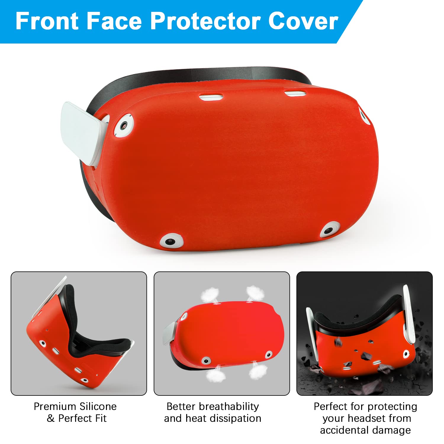 YIZEIJOB Silicone Cover Set Accessories for Oculus Quest 2, Quest 2 Front Shell Protector Cover, Controller Grips Cover, Lens Protective Cover, Anti-Throw Face Pad, 4PCS VR Bundle-Red