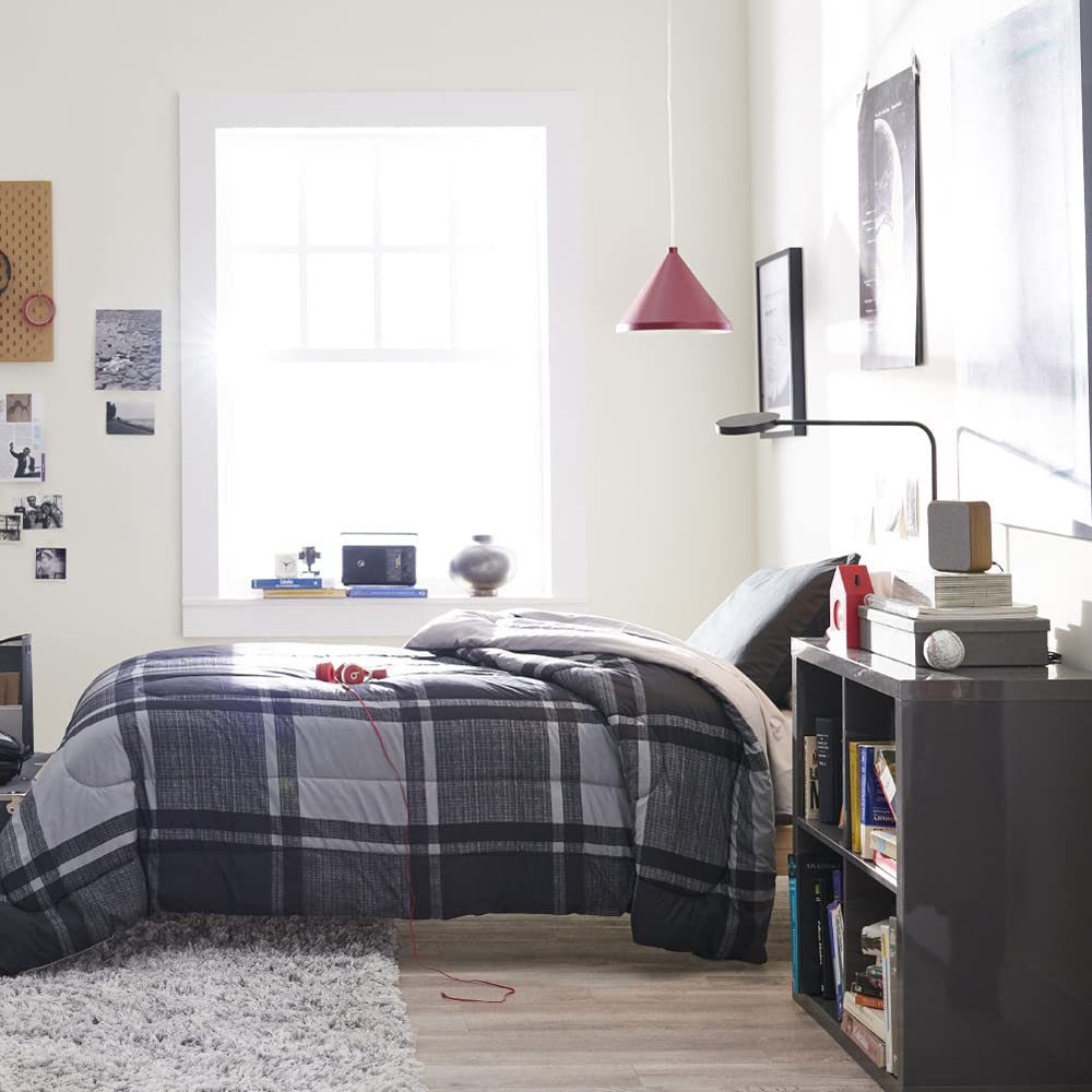 OCM College Dorm Room 23-Piece Preferred Dorm Essentials Value Pack | Twin XL | Comforter, Sheets, Pad, Topper, Towels, Organization, Storage | Wonderland Gray | Oversized Plaid in Black & Gray