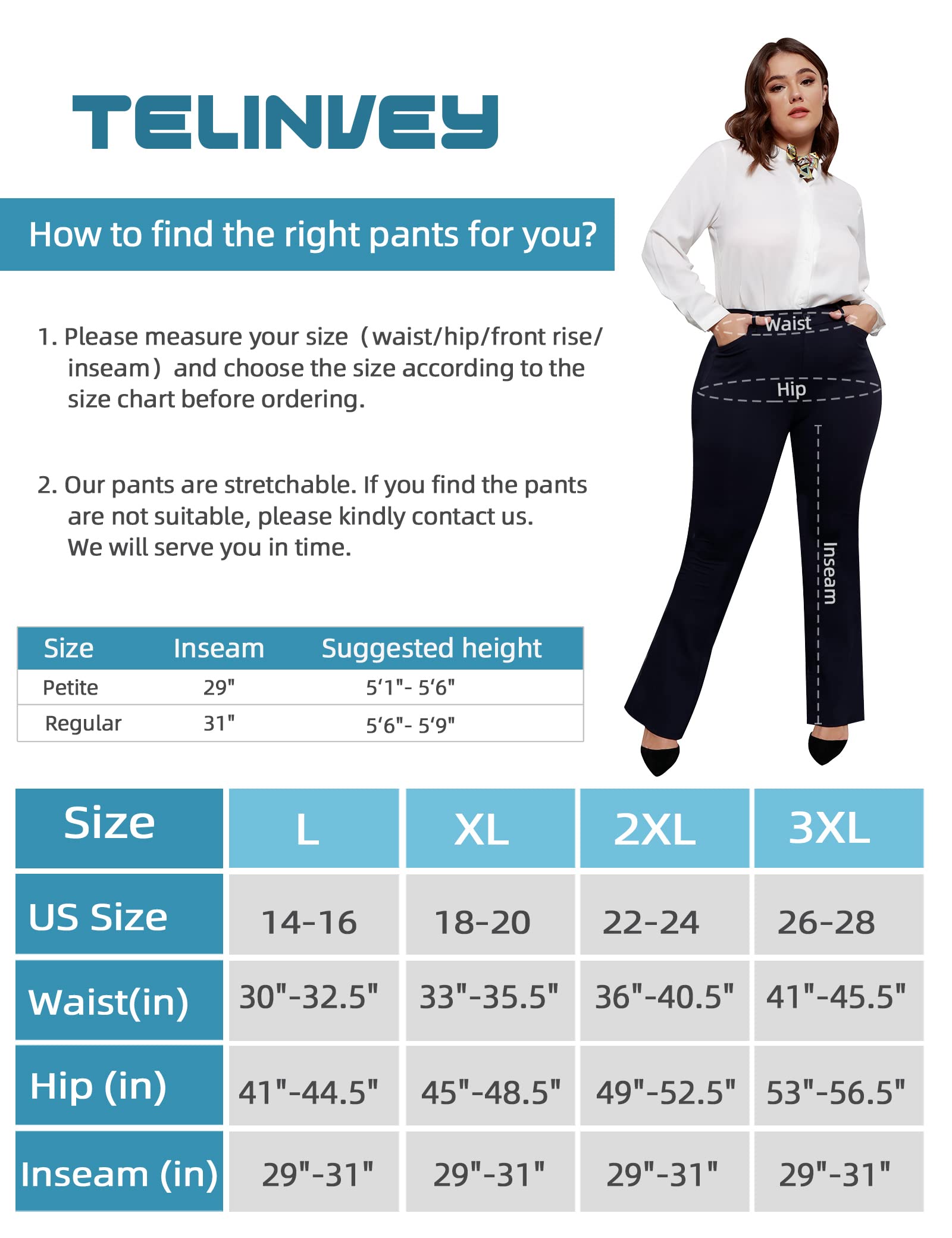 TELINVEY Women's Plus Size Work Pants,Stretch Dress Pants for Women Business Causal,Bootcut Office Slacks with Pockets(Navy,2XL,29")