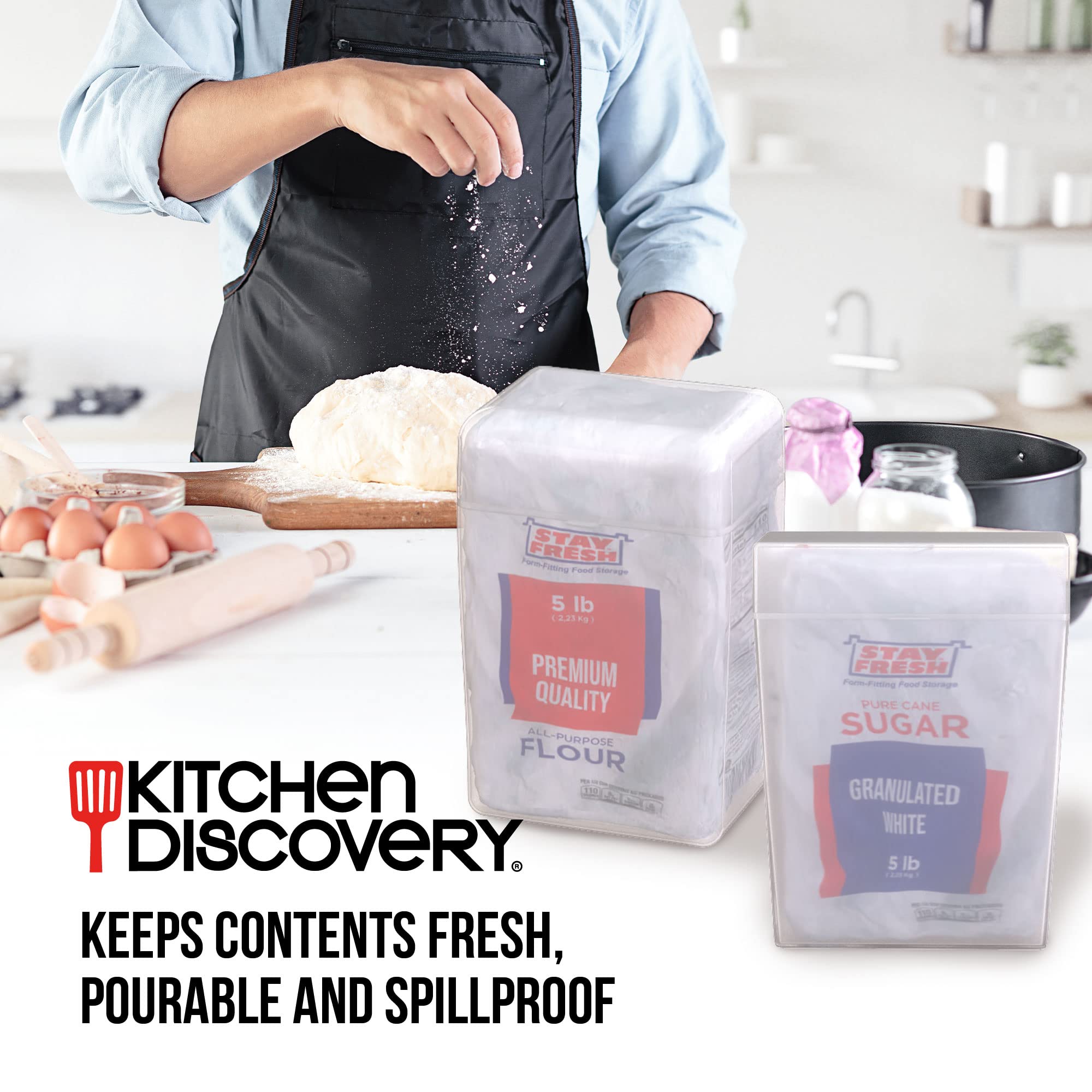 Stay Fresh Flour and Sugar Containers β Kitchen Discovery β 2 Piece Set of Snap Close Kitchen Containers for Flour and Sugar Storage β Keeps Contents Fresh, Pourable and Spillproof