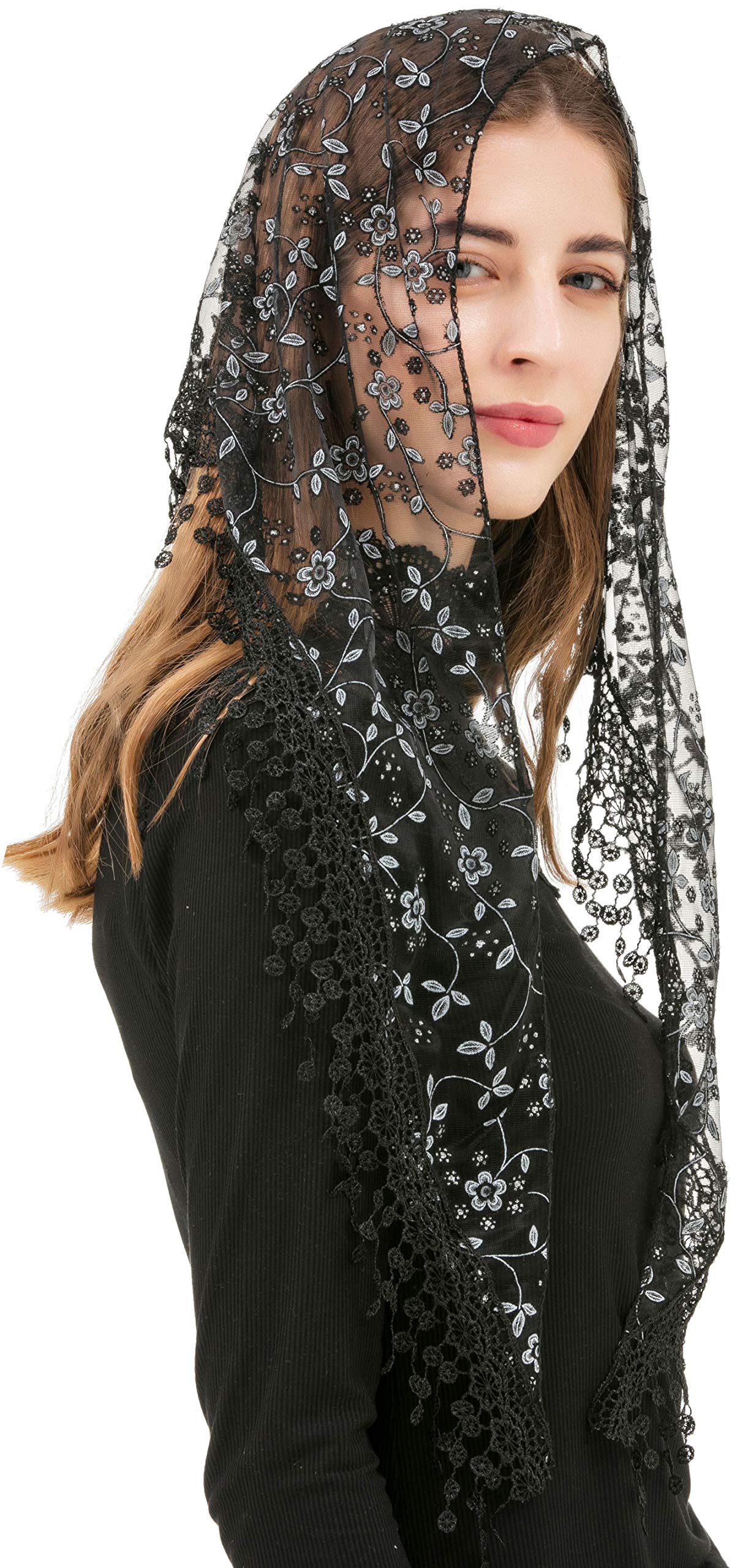 PAMOR Triangle Lace Veil Mantilla Cathedral Head Covering Chapel Veil for Mass Wedding Bridesmaids (Black)