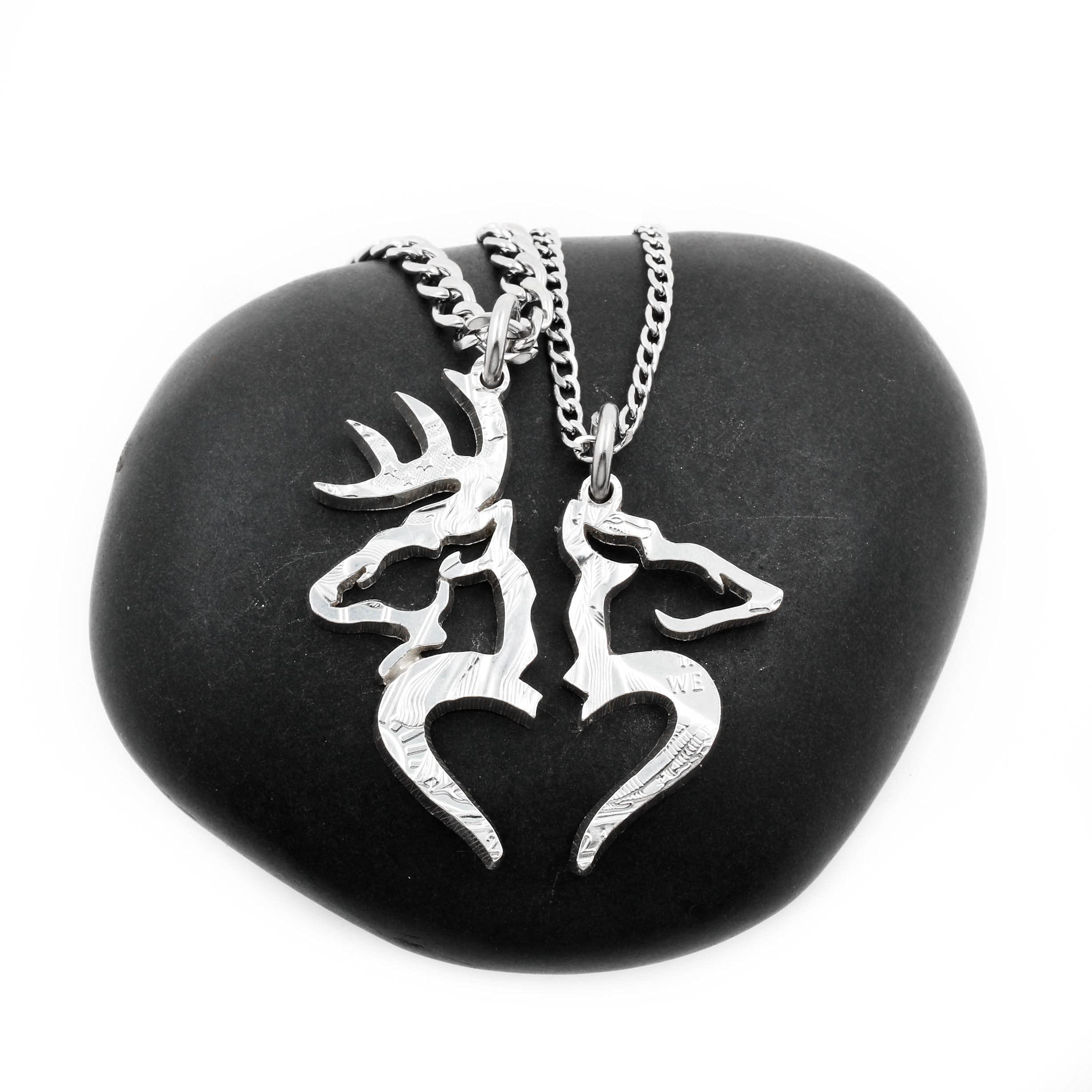 NameCoins Buck and Doe Heart Couples Necklaces, Hunting Jewelry, Split Heart, Hand Cut Coin (Half Dollar)