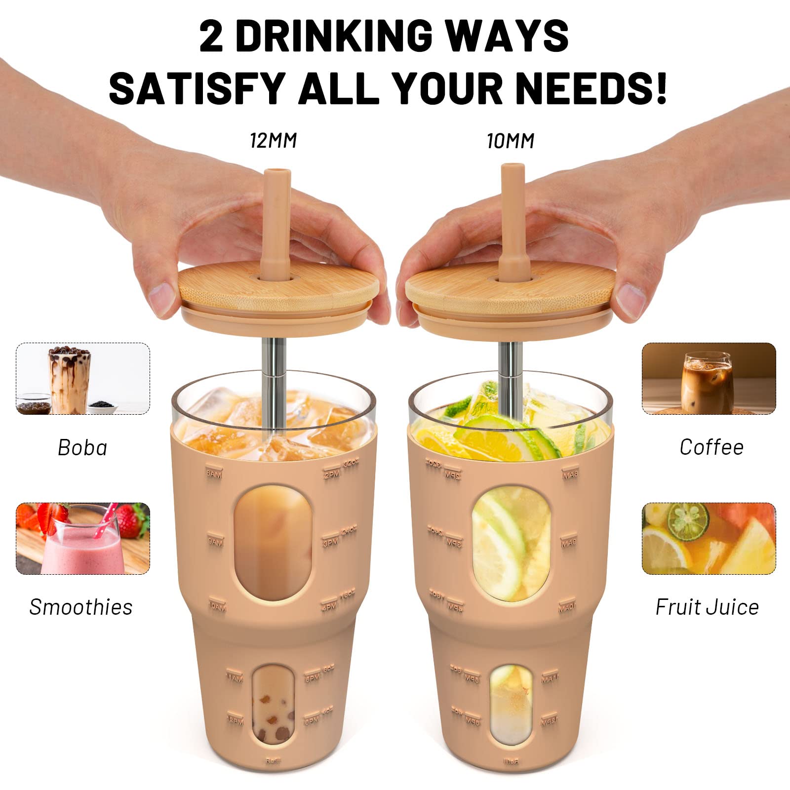 Tronco 32 oz Glass Tumbler with Straw and Lid - Reusable Drinking Glass Cup with Time Marker, Silicone Sleeve - Ideal for Boba, Smoothies, Tea and Iced Coffee Fits Cup Holder- BPA Free,Pink