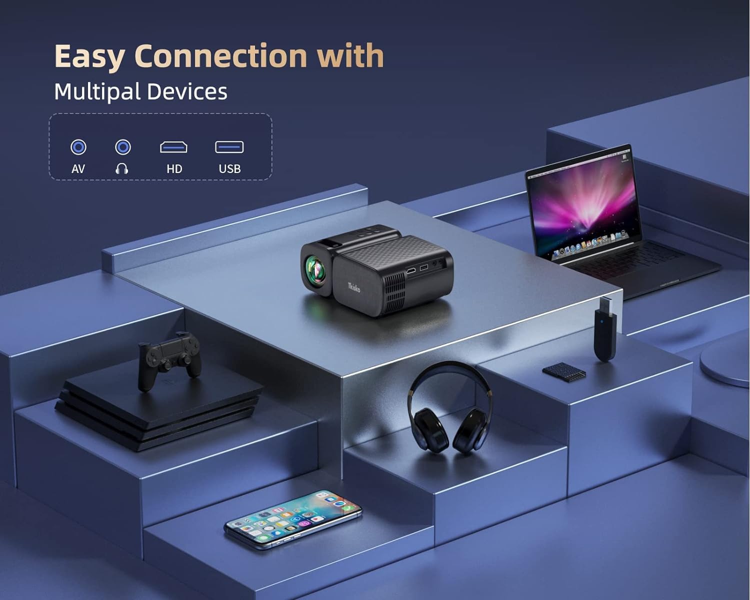 Mini Projector, Tkisko 5G WiFi 1080P Supported Video Projector, 12000 Lumens Portable Outdoor Projector, Home Theater Projector for Ceiling/Gaming/Movie, Compatible with iOS, Android, TV Stick, HDMI