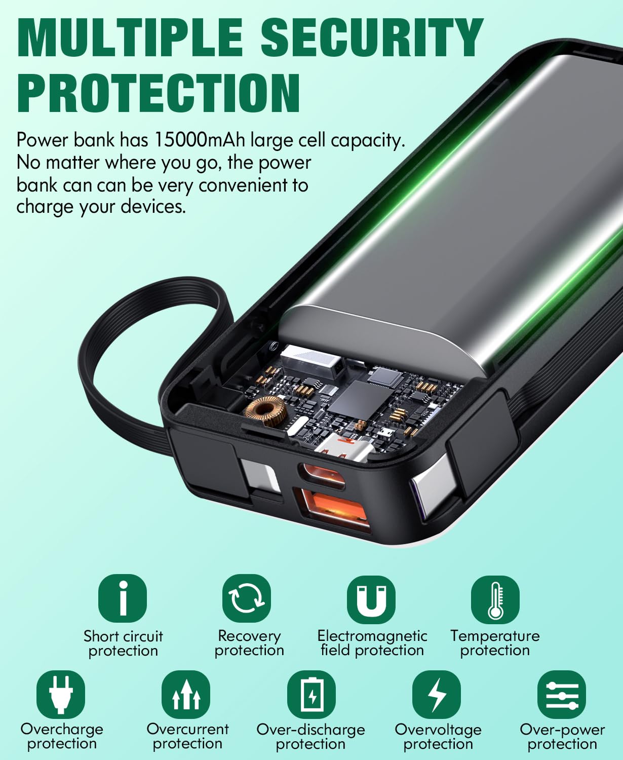 Portable-Charger-Power-Bank - 15000mAh PD 30W Power Bank, Built in Type-C(30W) and iOS(20W) Output Cables LED Display for iPhone and Android Phones and Most Electronic Devices