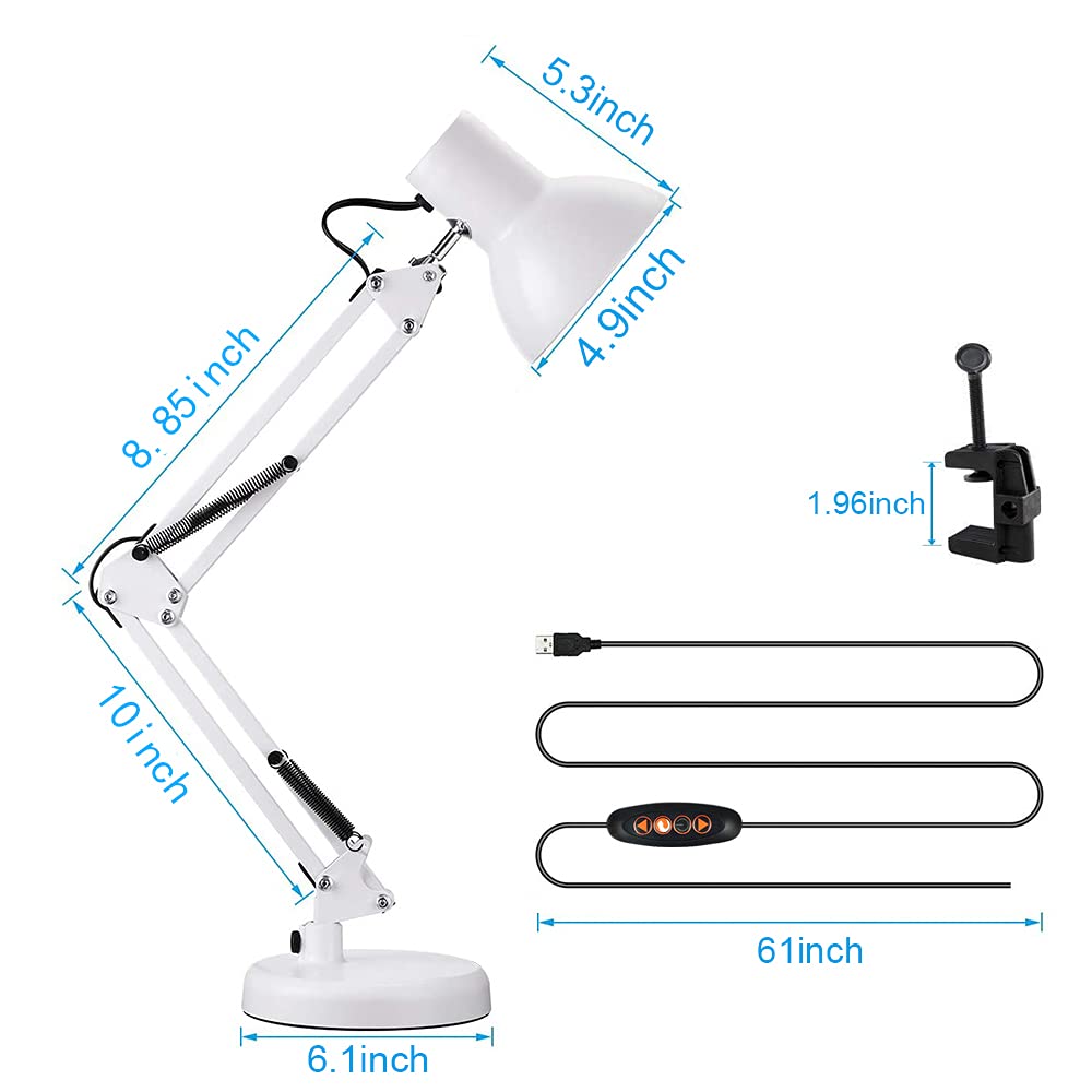 PowerKing USB Desk Lamps, Architect LED Desk Lamp, Reading Book LED, Adjustable Table Lamp, Protect Eyes, Energy Saving (White)