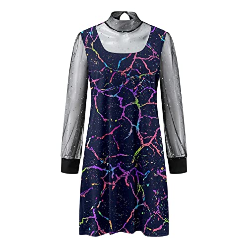 Pinkpaopao Mesh Long Sleeve Party Dress for Women Spring and Summer Graphics Printed Mini Dress Navy