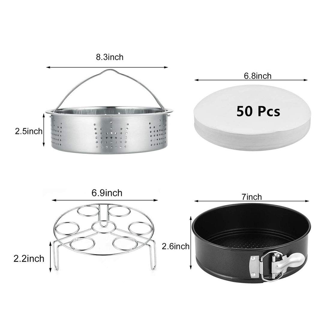 Steamer Basket, Egg Rack Holder, 7" Non-stick Springform Cake Pan, 50 Pcs Cake Paper for Instant Pot Accessories, Vegetable Food Steamer Rack. Fit Pot 5,6,8 qt Pressure