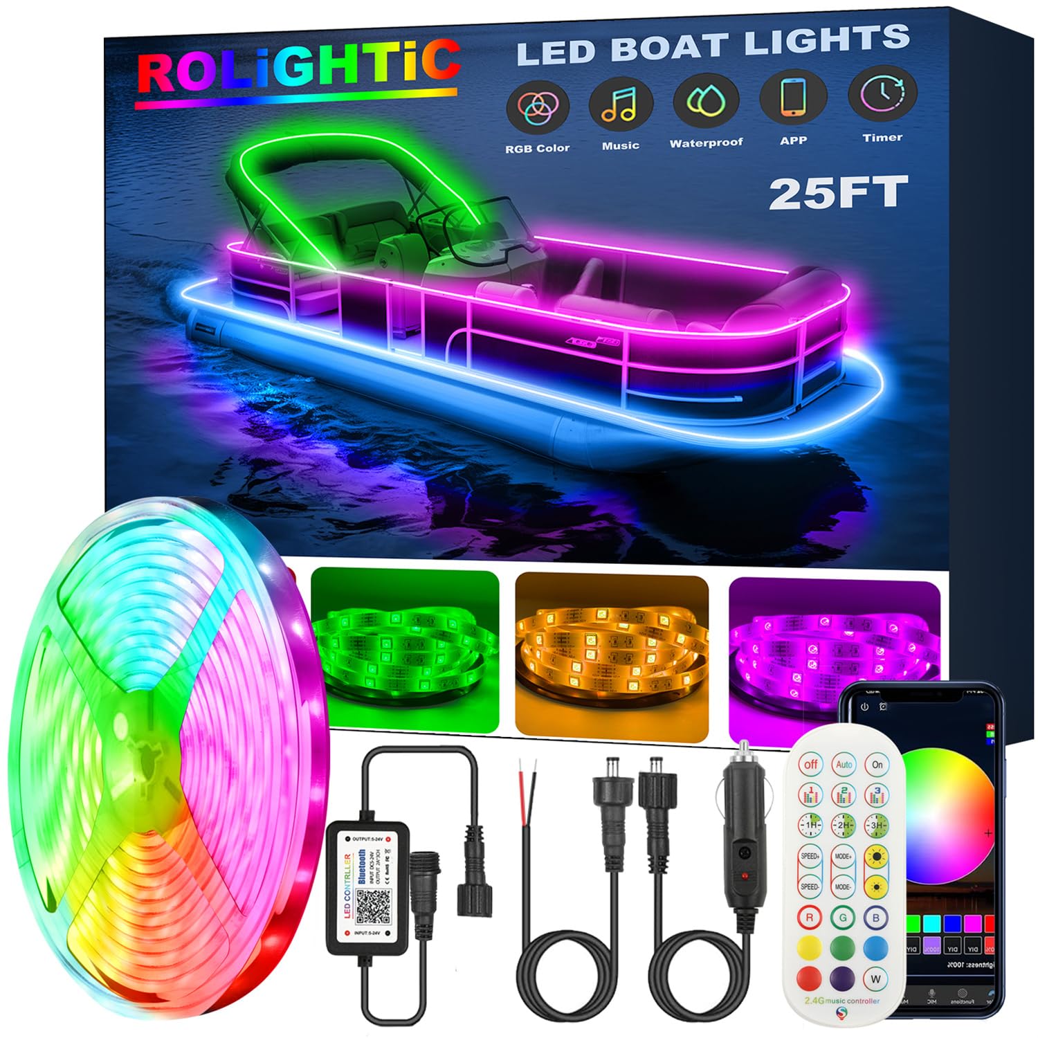 ROLiGHTiC LED Boat Light Kit, 33FT Marine Pontoon Lights, RGB Color Changing Led Strip Lights, IP65 Waterproof Boat Interior Lights, Under Gunwale Light, Boat Deck Light