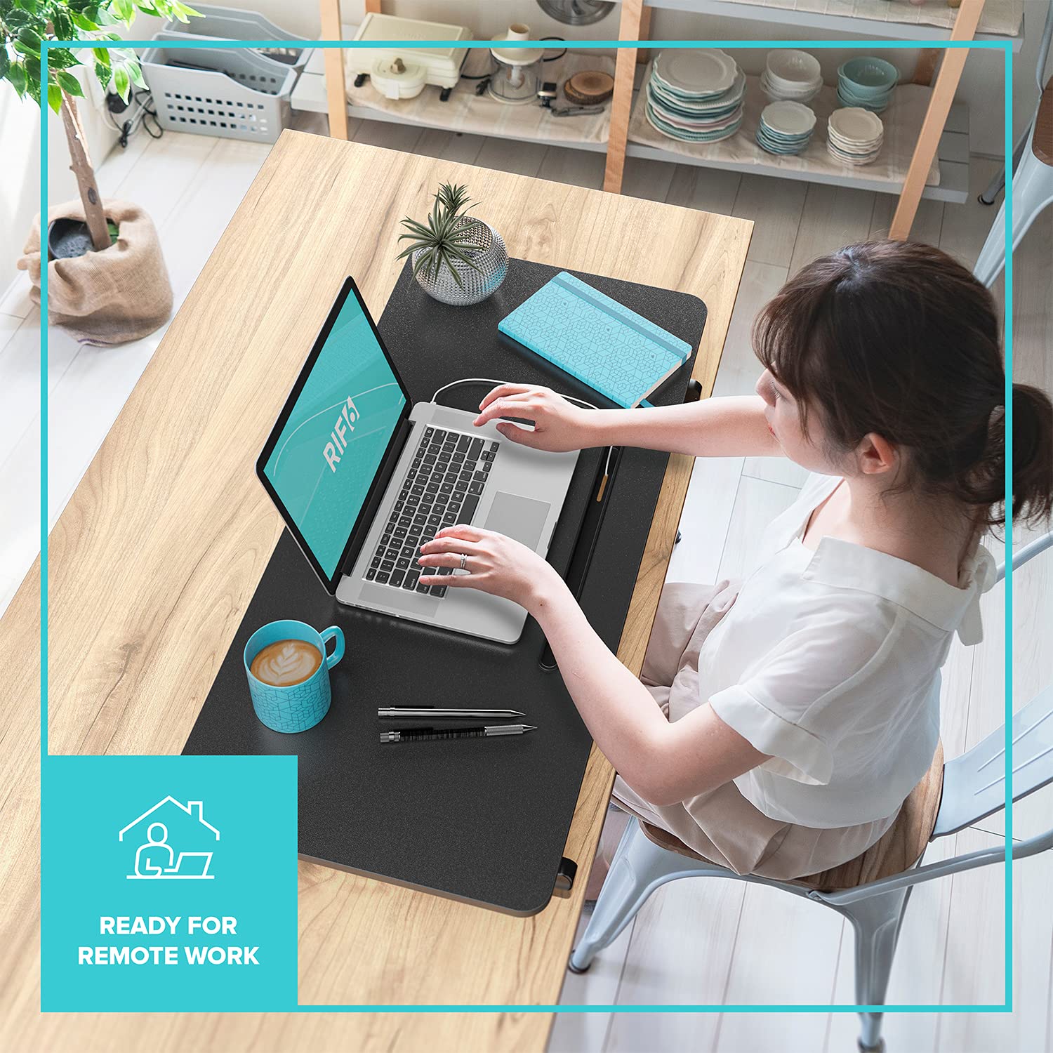 RIF6 34 Inch Convertible Standing Desk – Desk Riser with Customizable Height Settings – Sit to Stand with Spring Assisted Handle – Comes with Tablet and Phone Holder – Black
