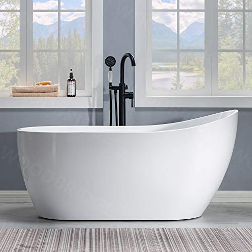 WOODBRIDGE 59" Acrylic Freestanding Bathtub Contemporary Soaking White Tub with Matte Black Overflow and Drain,B1530 -MB-Drain &O