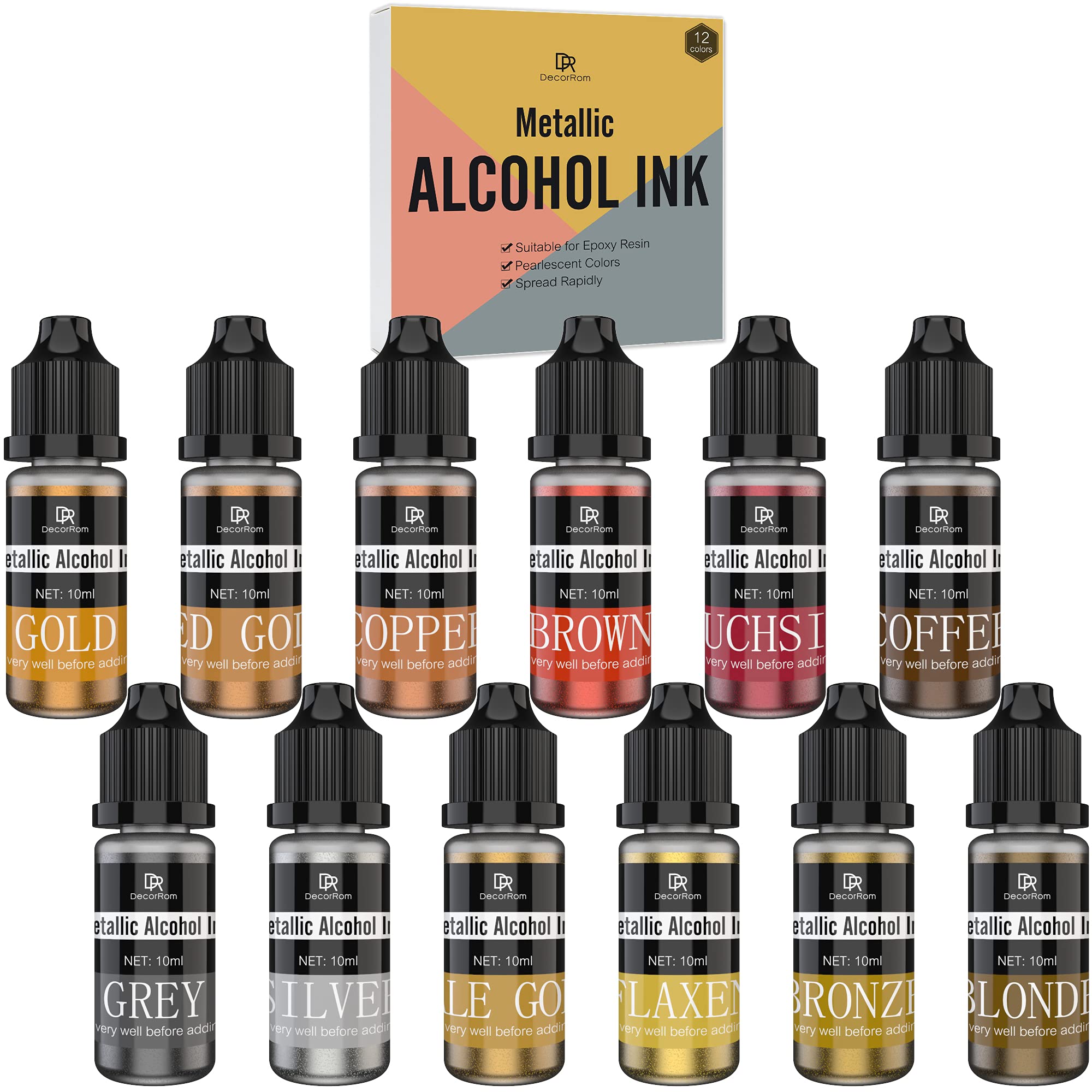 Metallic Alcohol Ink Set - 12 Metal Color Alcohol-Based Inks for Epoxy Resin Art, Painting - Concentrated Shimmer Alcohol Paint Color Dye for Resin Petri Dish Making, Yupo, Tumbler Making - 10ml Each