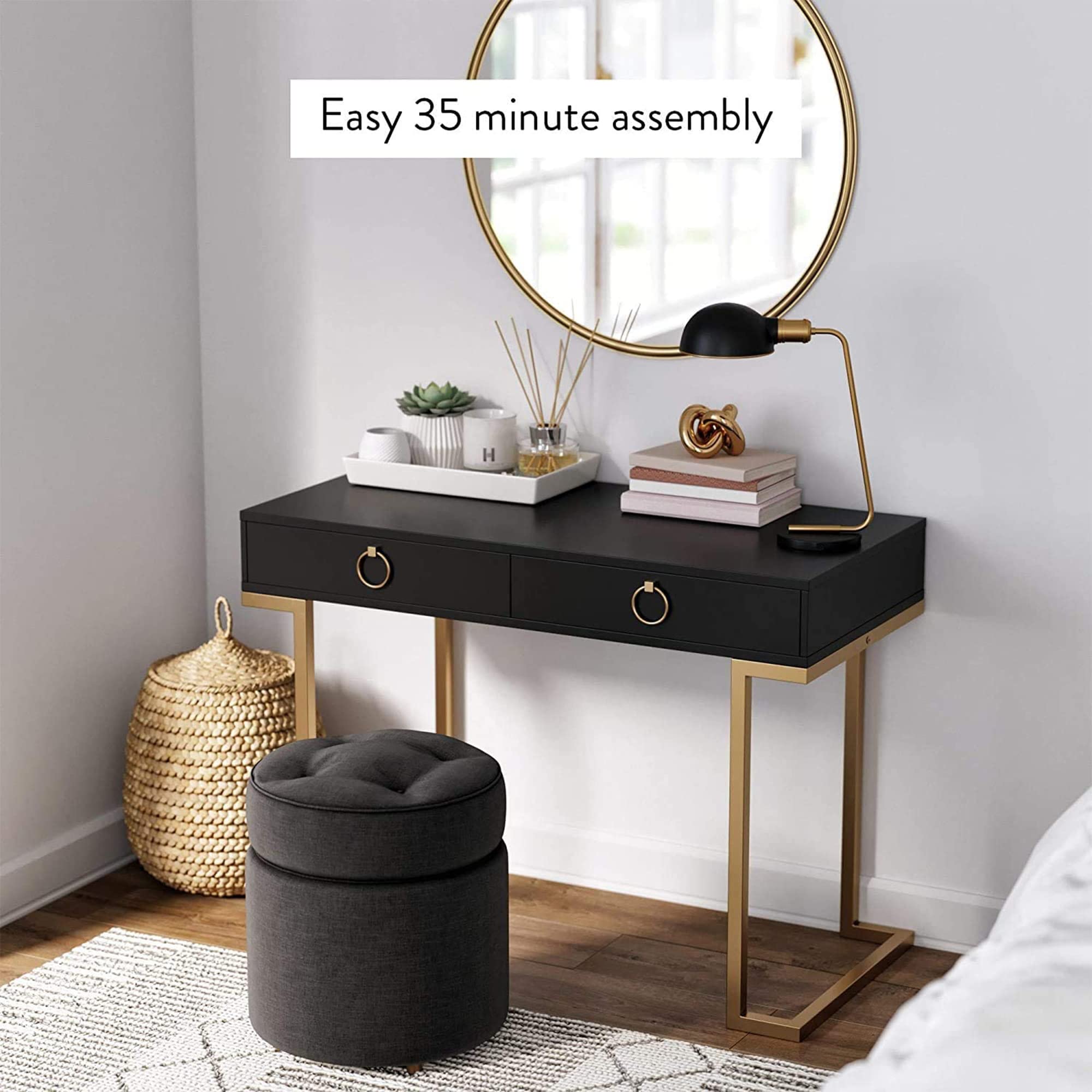 Nathan James Leighton Two-Drawer Writing Glam Accents Brass, Home Office Computer Desk or Vanity Table, 2, Black/Gold