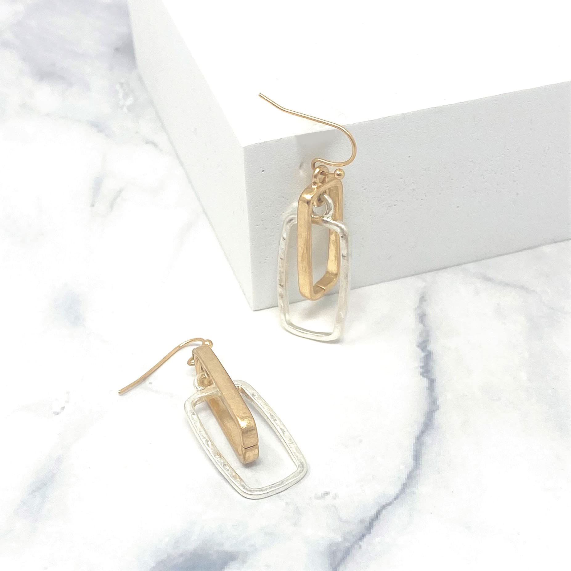 POMINA Lightweight Geometric Gold Silver Two Tone Hammered Dangle Drop Earrings Linked Circle Rectangle Oval Trendy Fashion Dangling Earrings for Women (Square_Two tone)