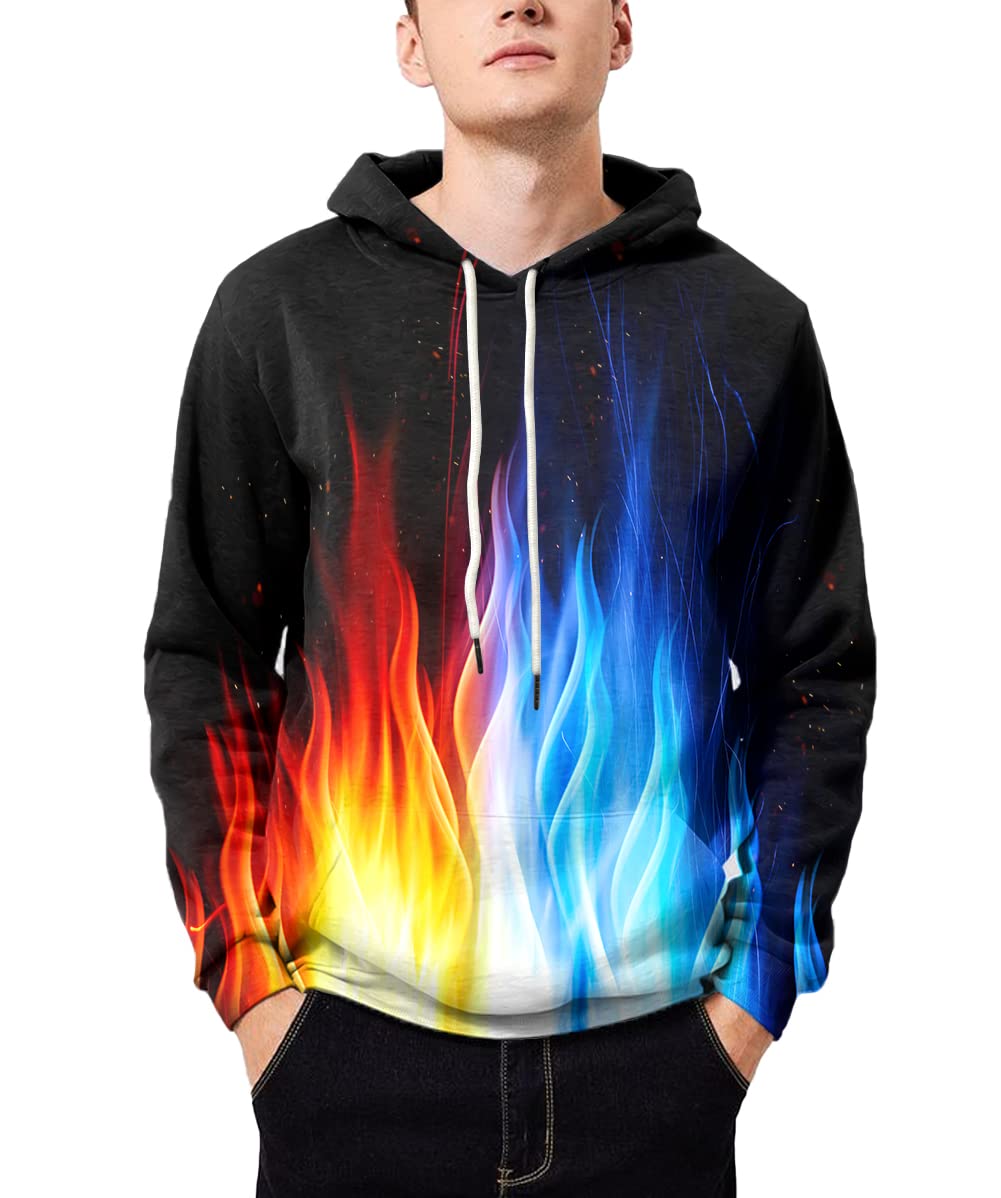 Neemanndy Red and Blue Fire Flame Graphic 3D Hoodies Realistic Print Outer Sports Sweaters for Men and Women, Large