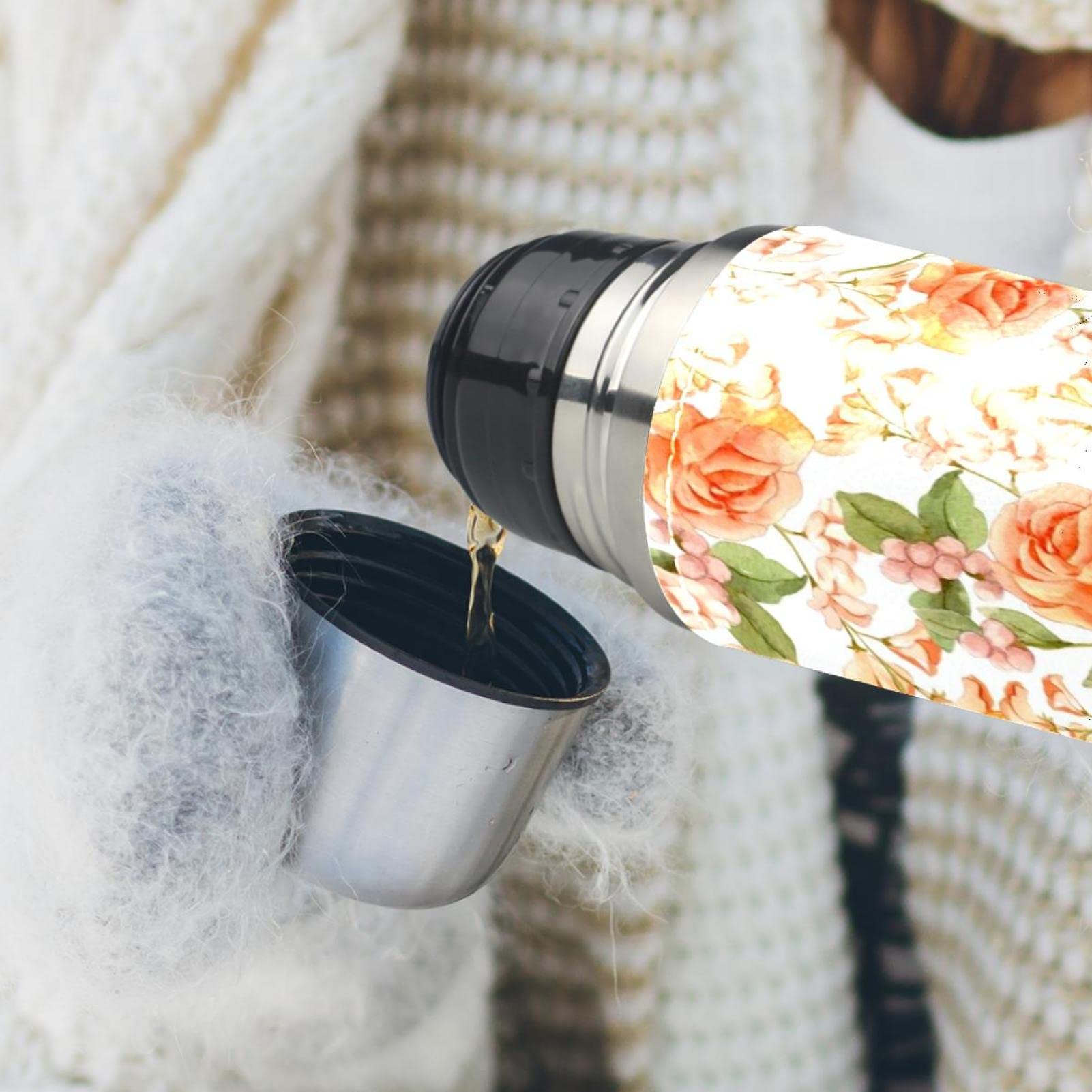 Stainless Steel Leather Vacuum Insulated Mug Flower Thermos Water Bottle for Hot and Cold Drinks Kids Adults 16 Oz