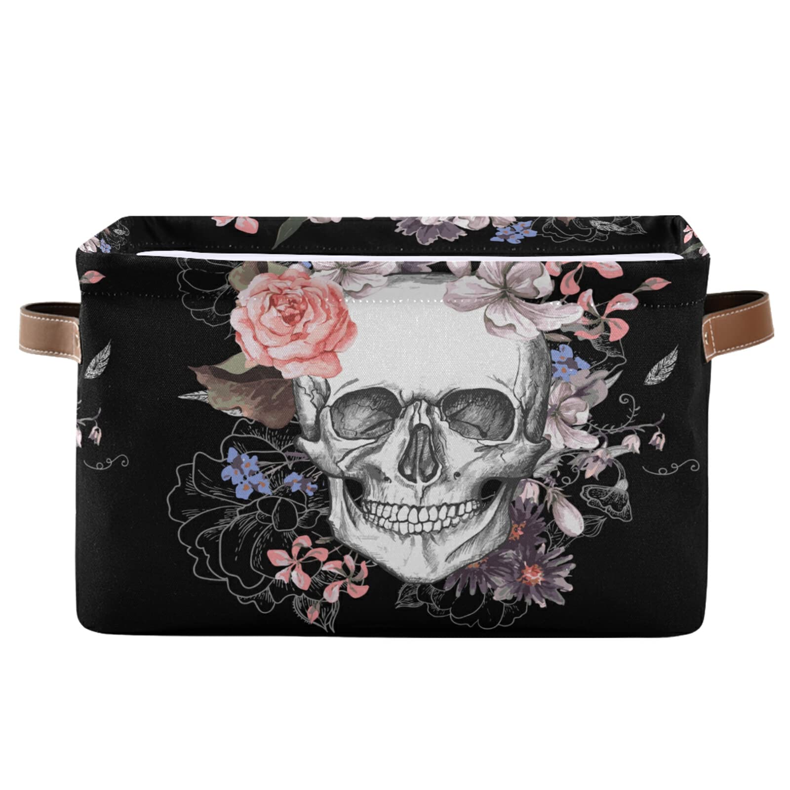Sugar Skull Flower Floral Vintage Storage Bin Canvas Toys Storage Basket Bin Large Storage Cube Box Collapsible with Handles for Home Office Bedroom Closet Shelves,1 pc