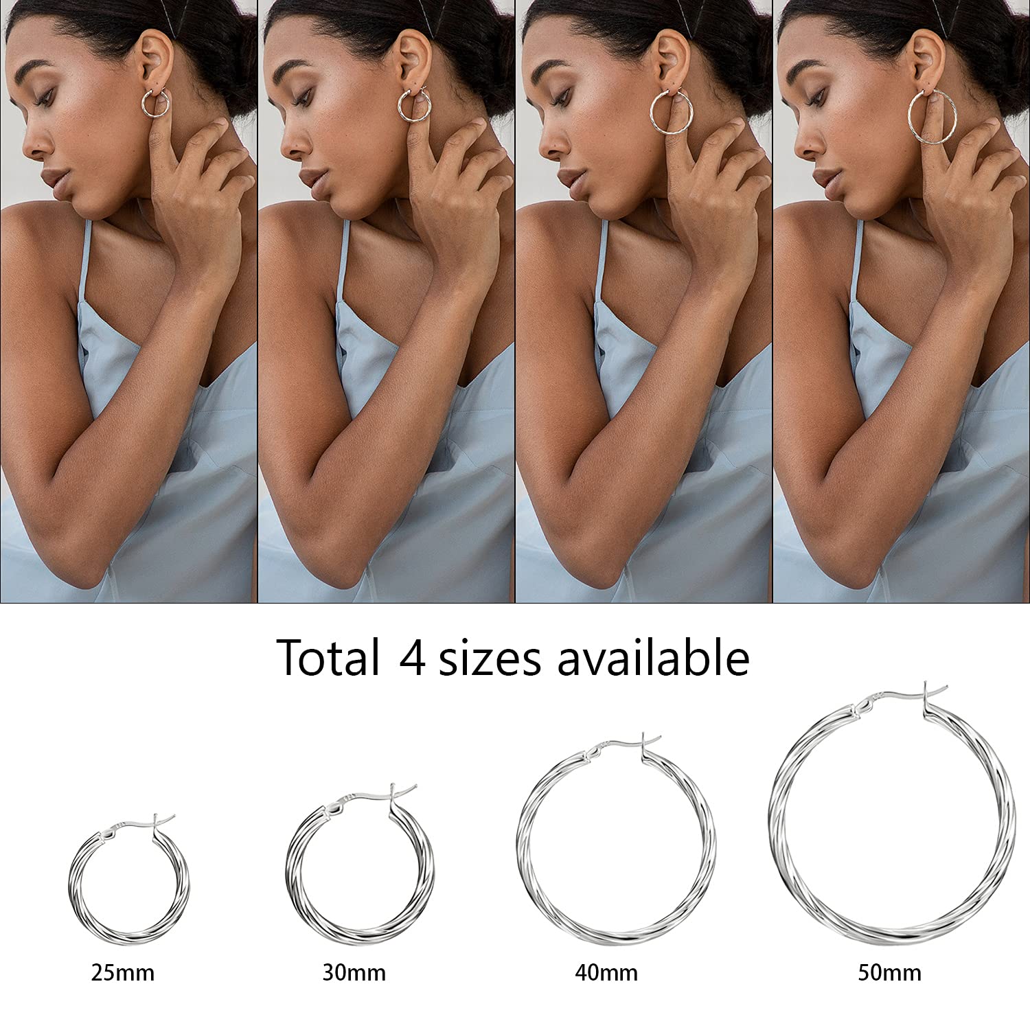 SWEETV 925 Sterling Silver Hoop Earrings for Women 25mm Medium Twisted Hypoallergenic Hoops Round Click-Top