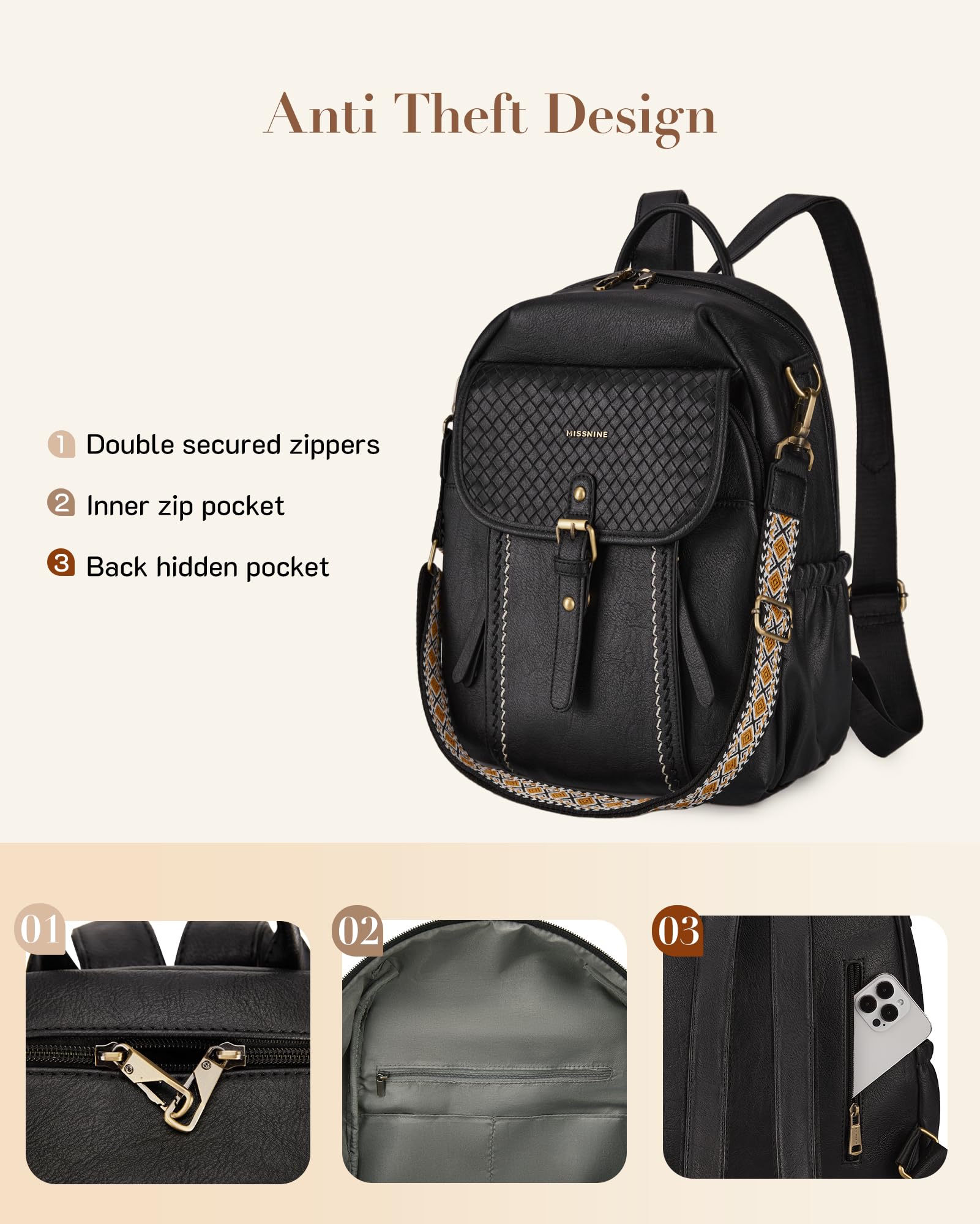 Missnine Leather Backpack Purse for Women, Anti-theft Backpack, Convertible Shoulder Bag with Secured Zippers for Travel Work, Black